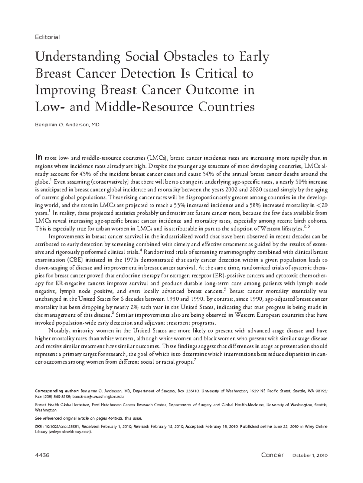Cancer - 2010 - Anderson - Understanding social obstacles to early ...