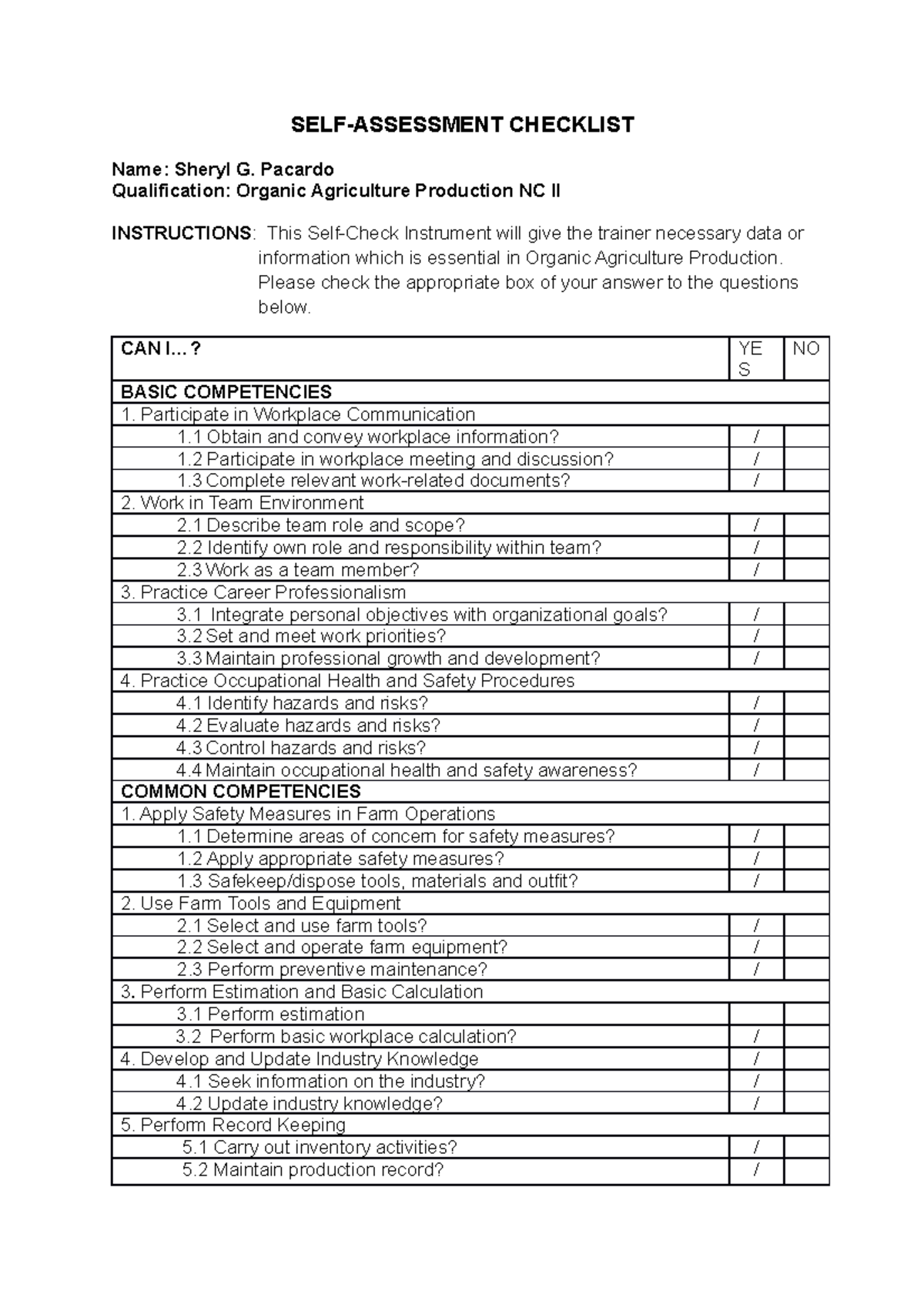 ERA SWBL 1 Self Assessment Checklist - SELF-ASSESSMENT CHECKLIST Name ...
