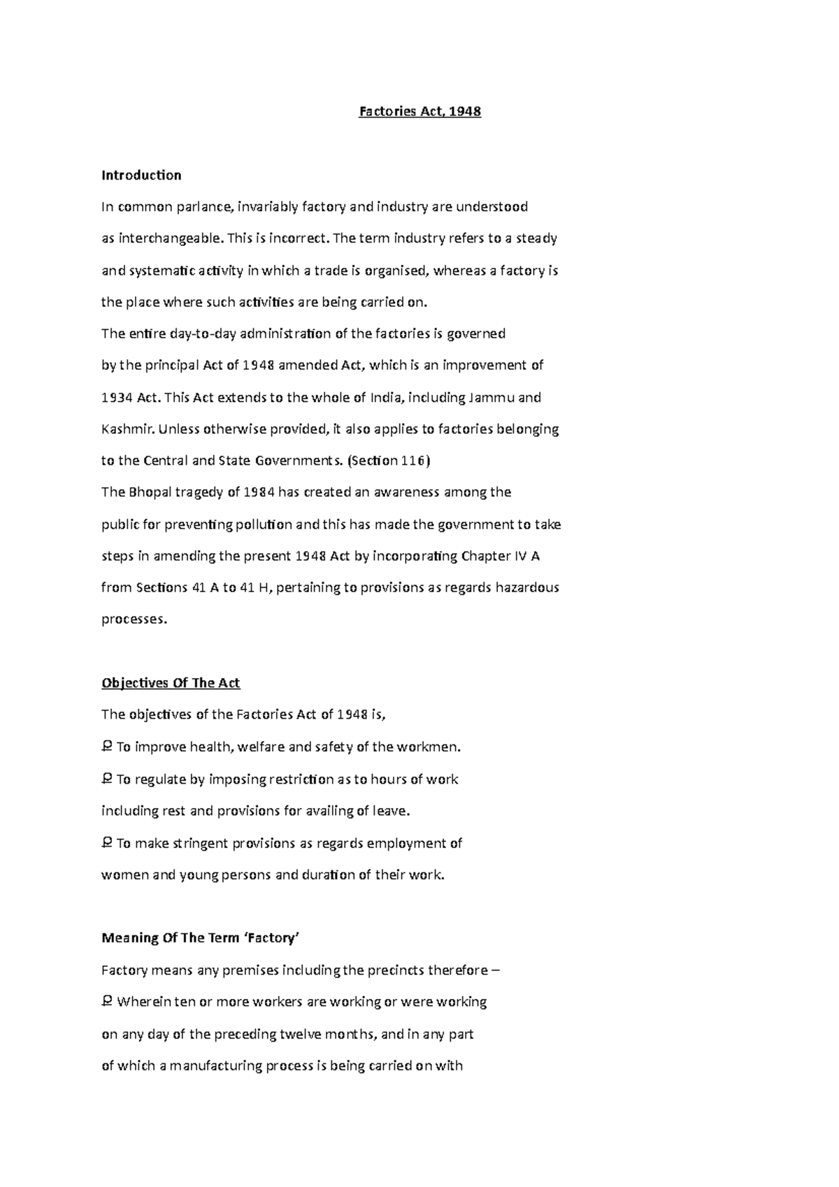 Bel 43 - Lecture note - Factories Act, 1948 Introduction In common ...