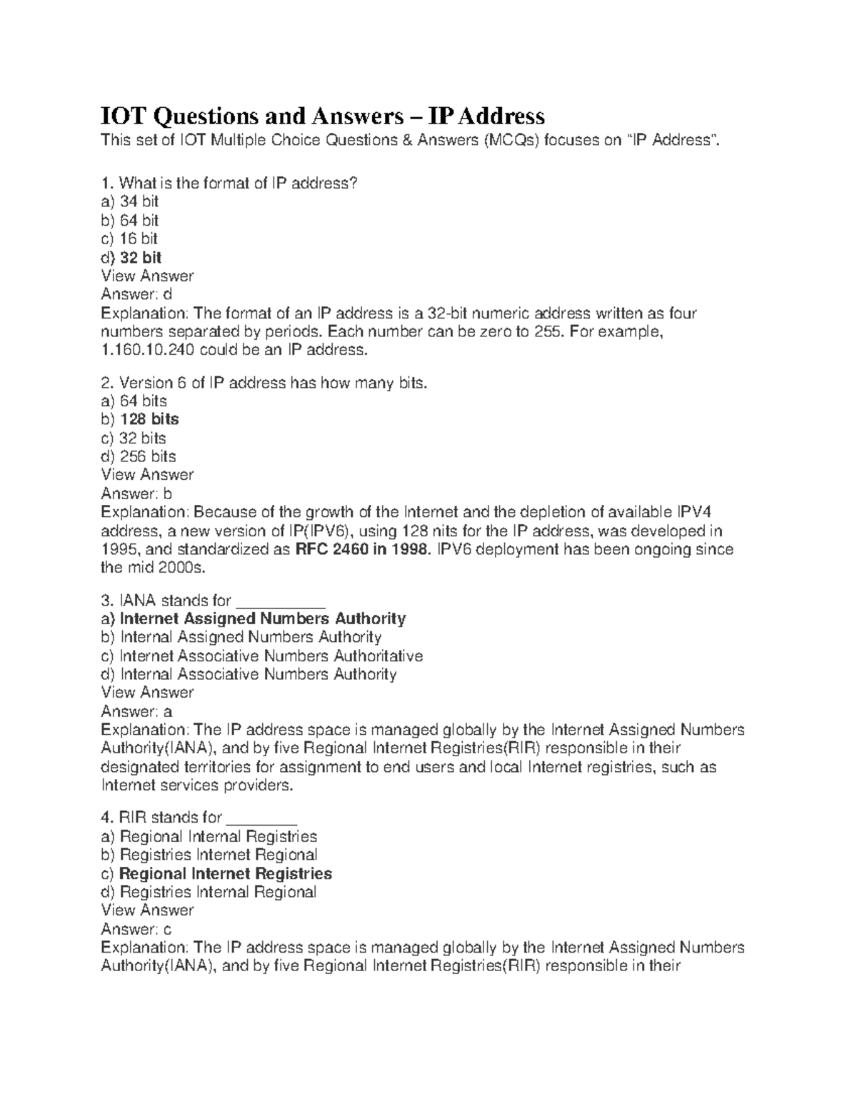 530683533 MCQs System Network Admin - IOT Questions and Answers – IP Address This set of IOT ...