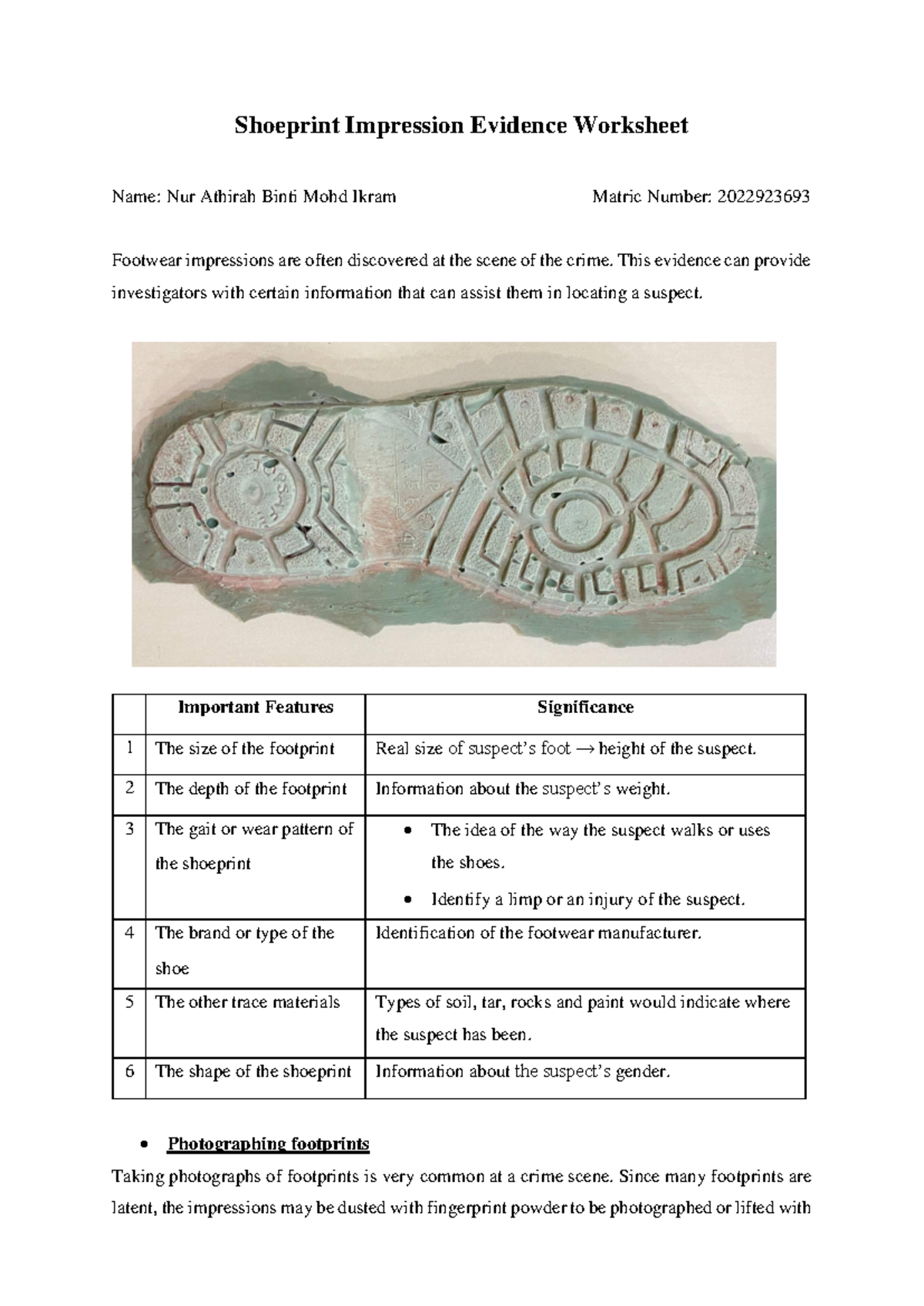 LAB REPORT SHOEPRINT - Shoeprint Impression Evidence Worksheet Name ...