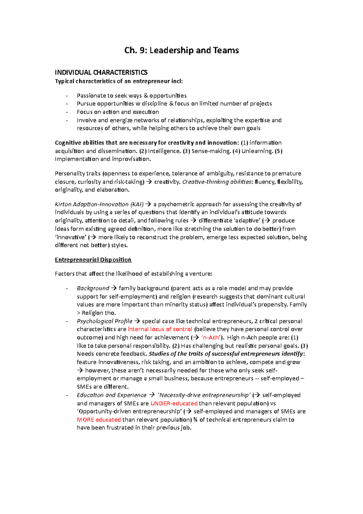 Ch 9 - Summary Innovation and Entrepreneurship - Ch. 9: Leadership and ...