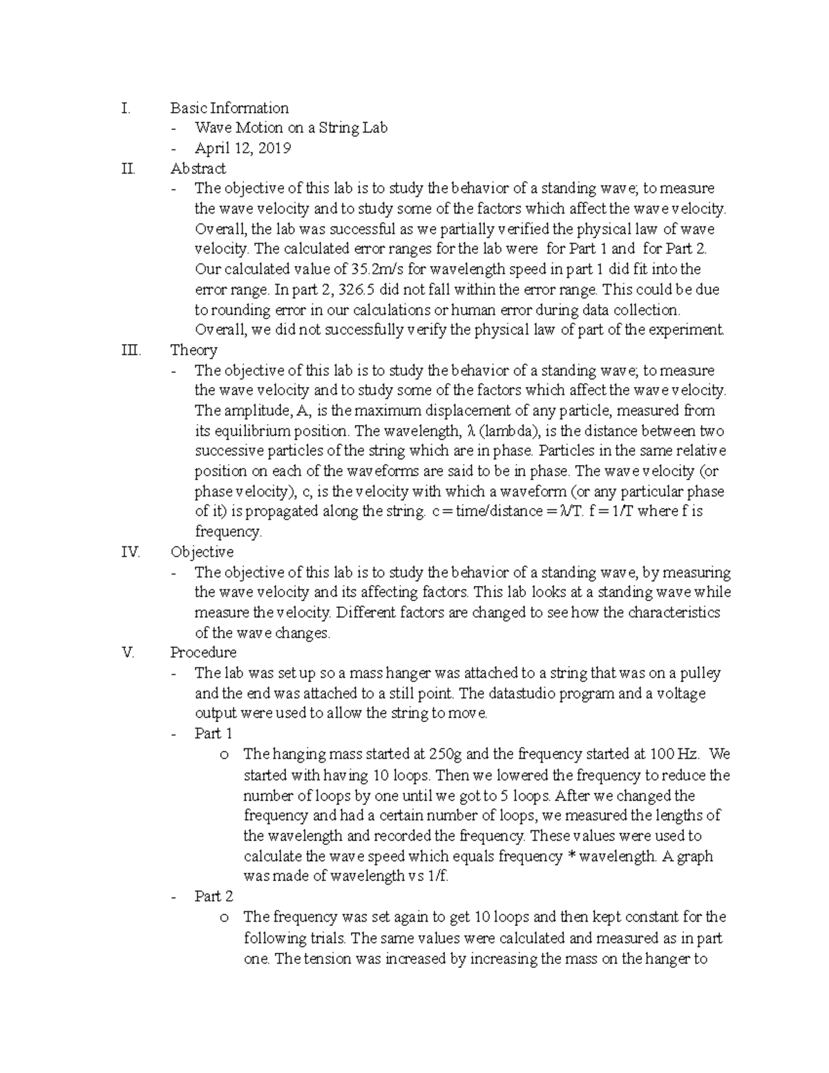 Wave Motion on a String Lab Report - I. Basic Information - Wave Motion on a String Lab - April ...
