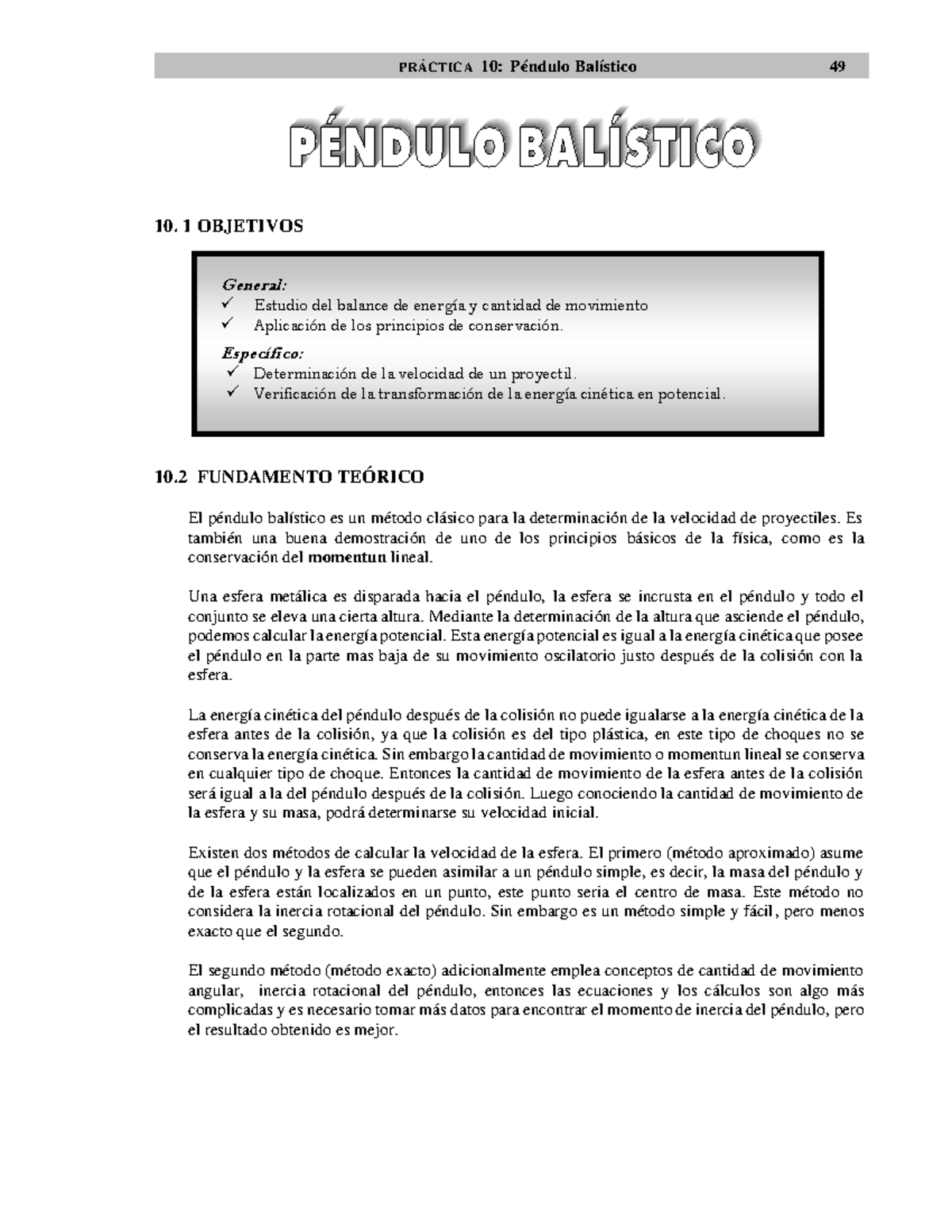10. Pendulo Balistico - Laboratorio de fisica - 10. 1 OBJETIVOS General ...