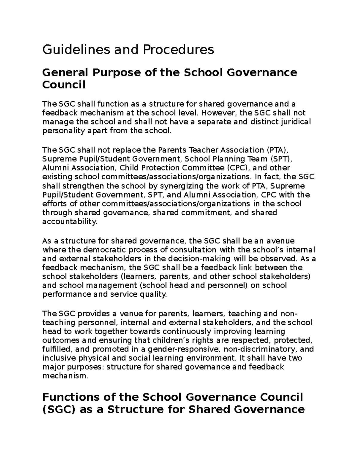 Sgc policy - Guidelines and Procedures General Purpose of the School ...