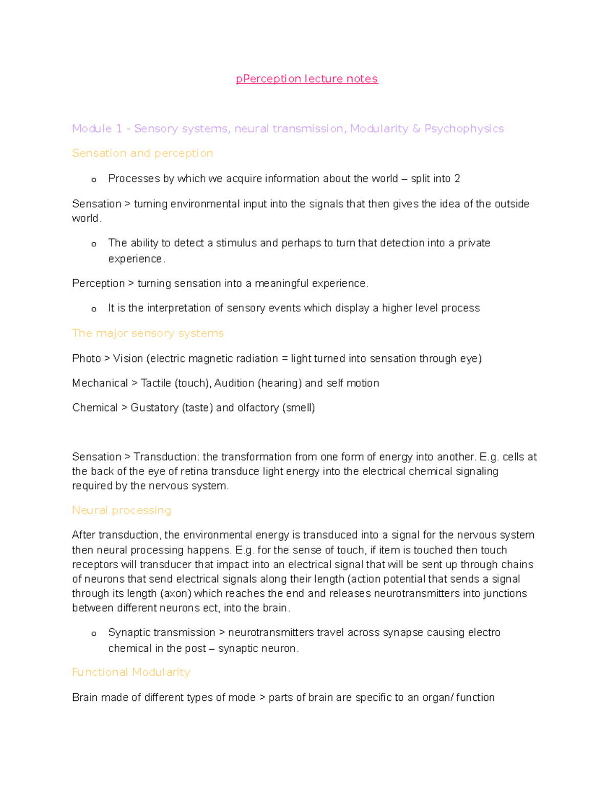 Perception lecture notes - pPerception lecture notes Module 1 - Sensory ...