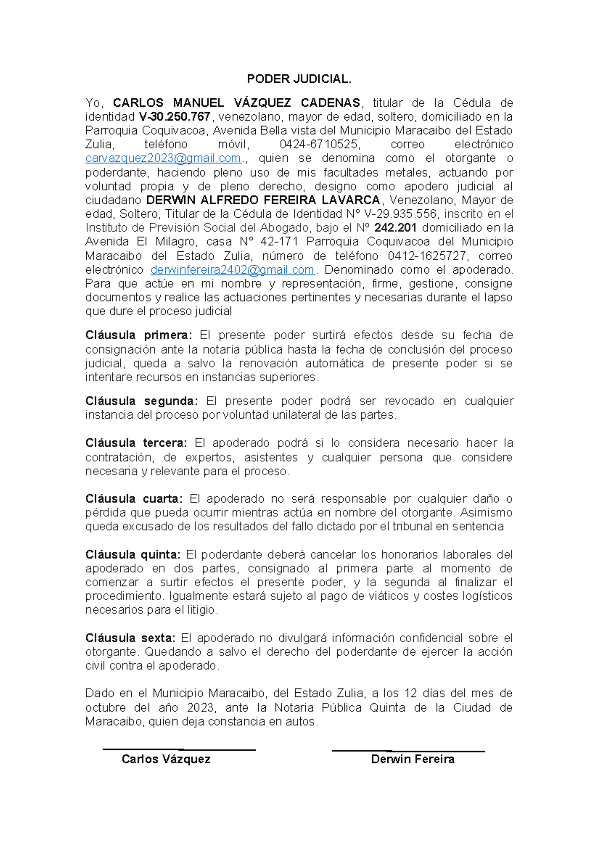 Documento poder - PODER JUDICIAL. Yo, CARLOS MANUEL VÁZQUEZ CADENAS ...