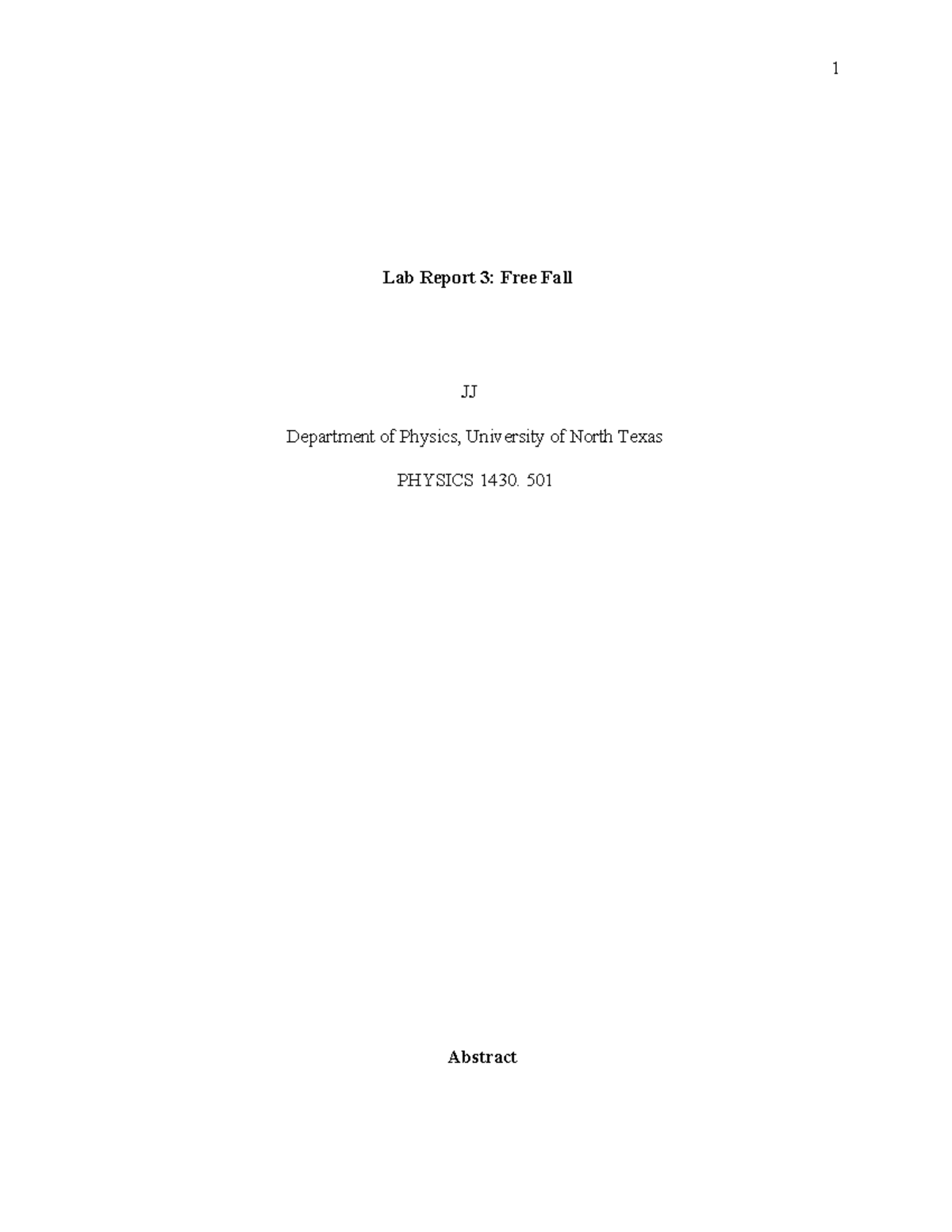 (Lab 3 Free-Fall) PHYS 1430 Lab Report I Assignment - Lab Report 3 ...