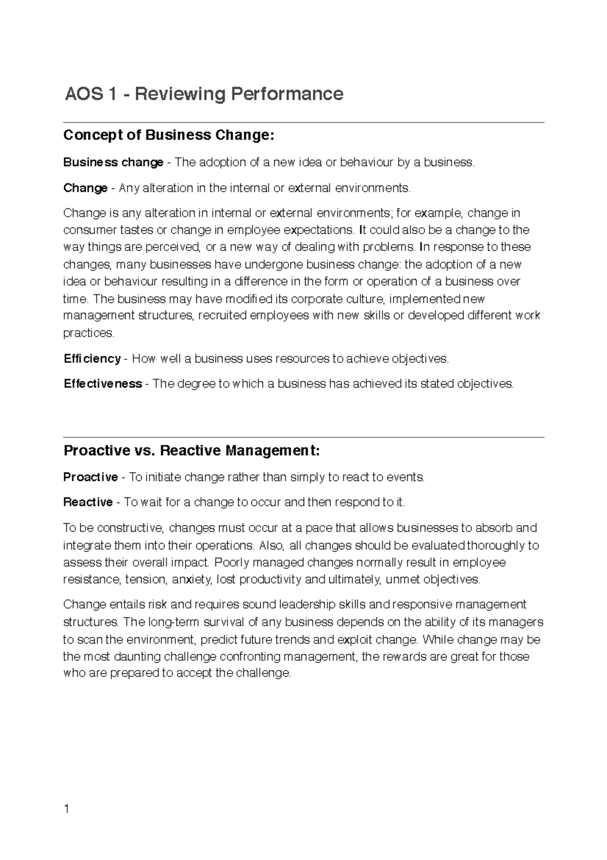 AOS 1 - summary notes - AOS 1 - Reviewing Performance Concept of ...