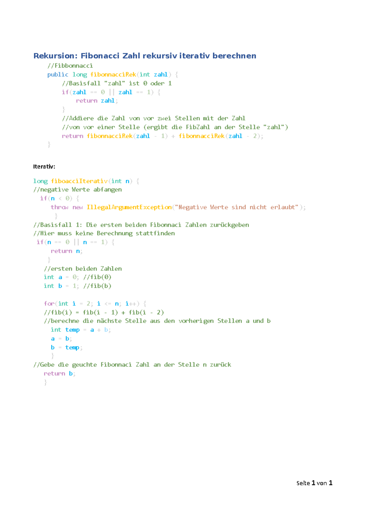 Code - Fibonacci Zahl rekursiv iterativ berechnen - Einführung in die ...