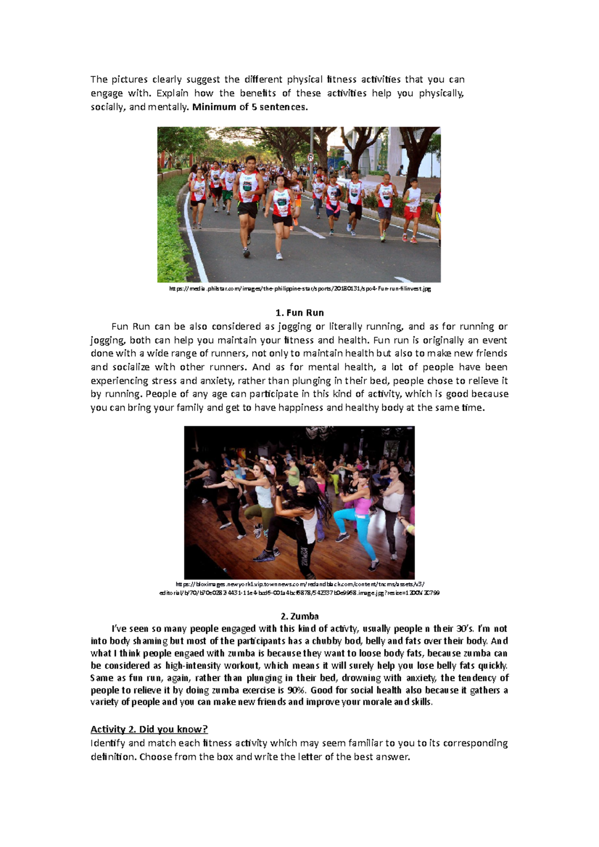 Different Physical Fitness Activities - The pictures clearly suggest ...