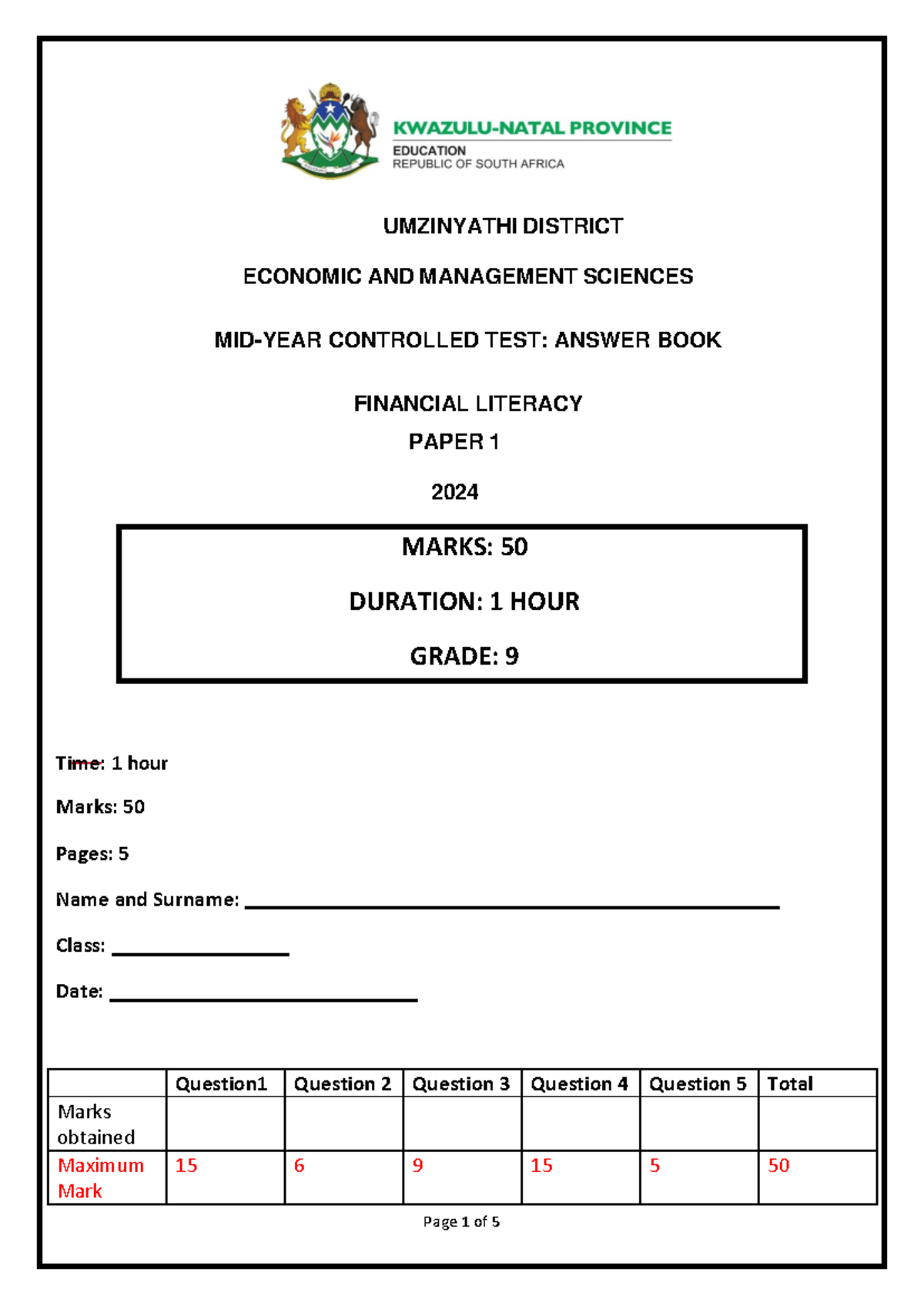 EMS Grade 9 Mid-Year Answer book 2024 Controlled Test moderated ...
