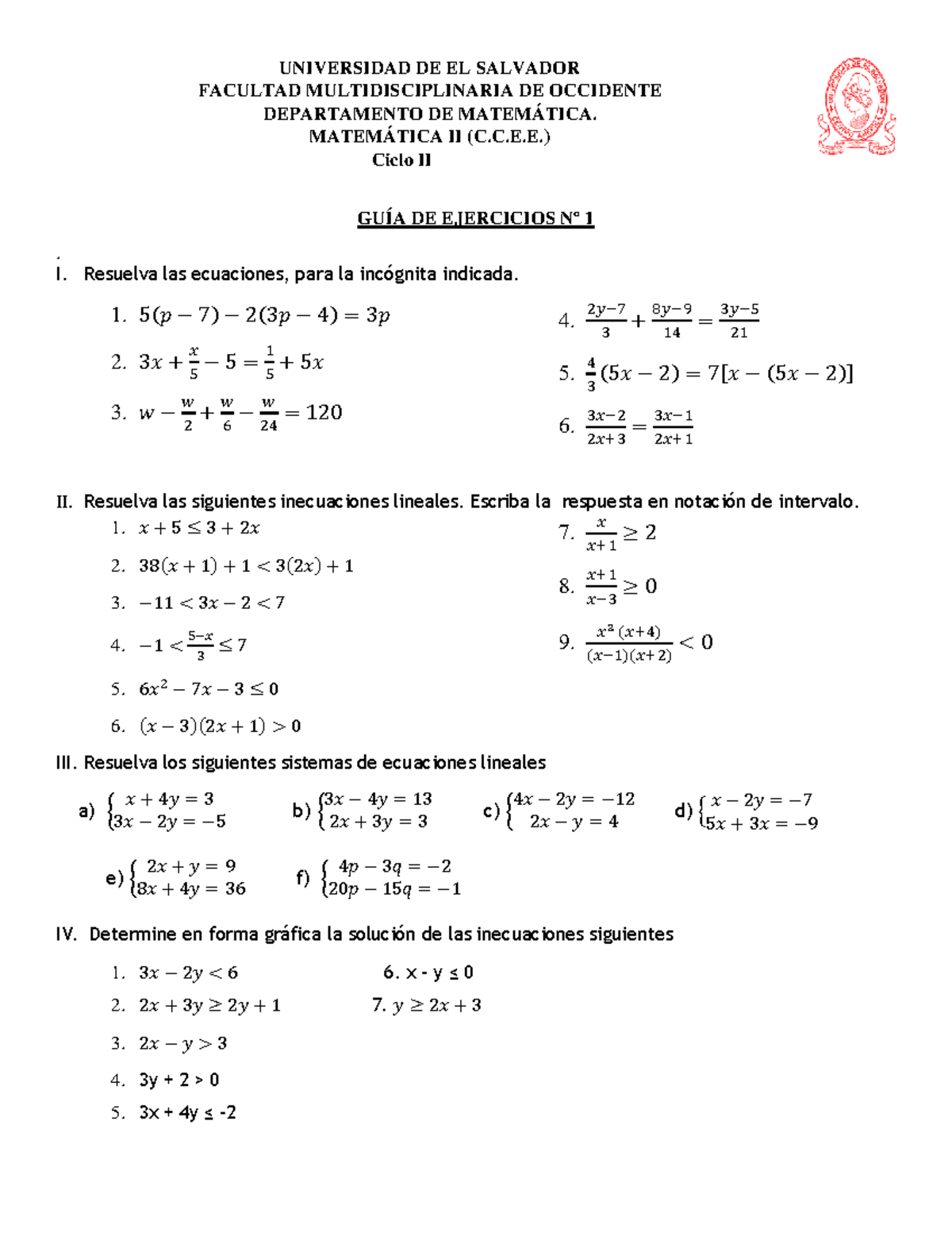 GUÍA 1 Matemática II - Es una guía para practicar - UNIVERSIDAD DE EL ...