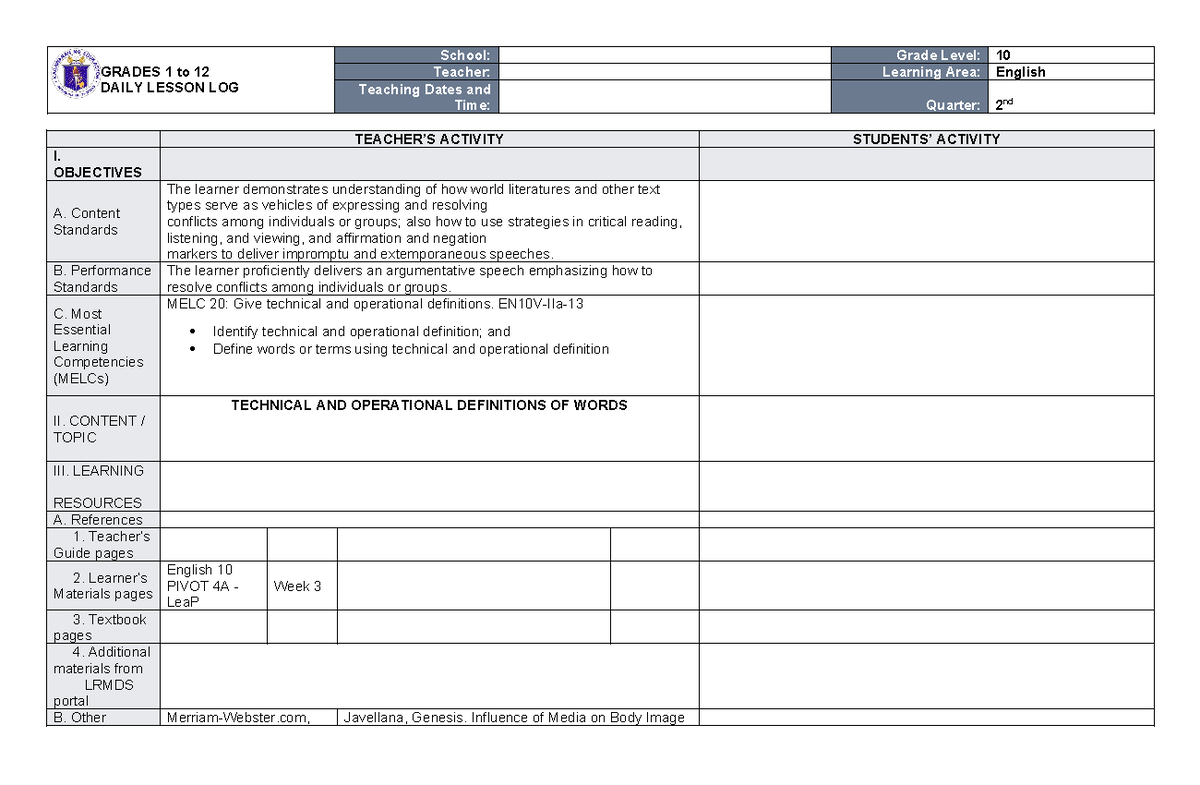 DLE-G10 - GRADES 1 to 12 DAILY LESSON LOG School: Grade Level: 10 ...
