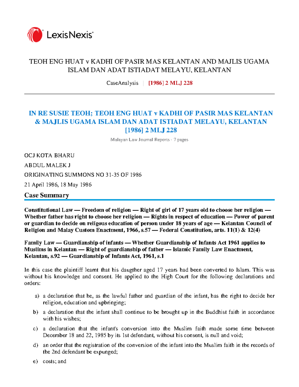 IN RE Susie TEOH TEOH ENG HUAT v Kadhi OF Pasir MAS KE - TEOH ENG HUAT ...