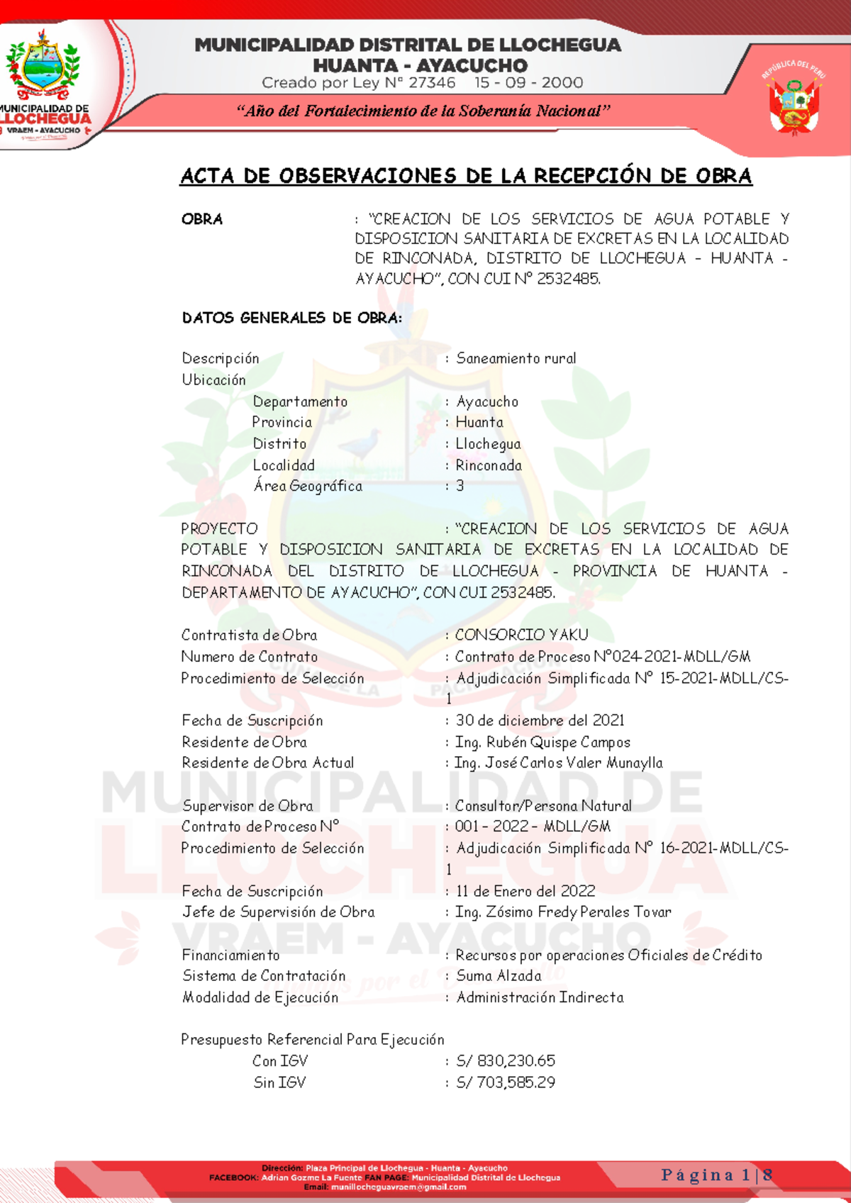 ACTA DE Observaciones SAP Rinconada ok - ACTA DE OBSERVACIONES DE LA RECEPCIÓN DE OBRA OBRA ...