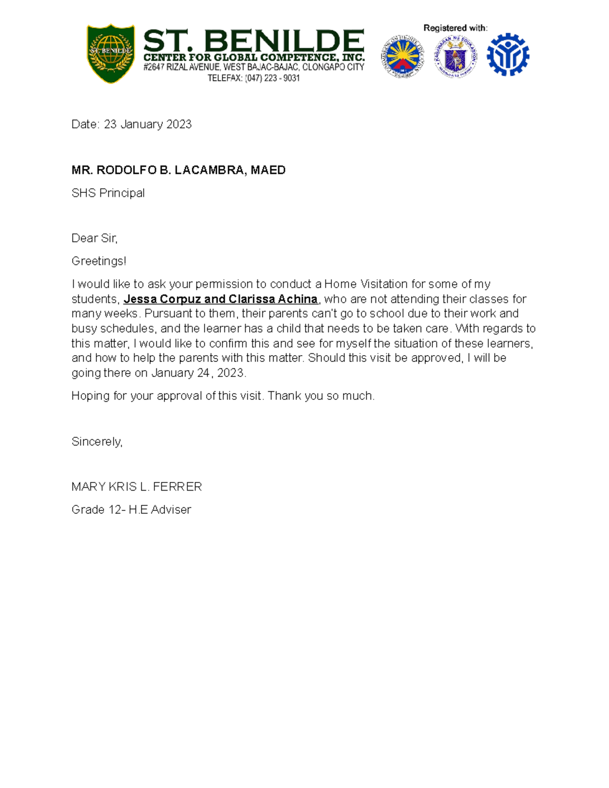 HOME- Visitation- Letter - Date: 23 January 2023 MR. RODOLFO B ...