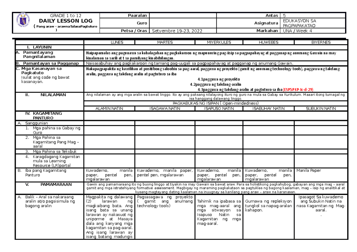 DLL-ESP-W4 - aaaa - GRADE 1 to 12 DAILY LESSON LOG ( Pang araw ...