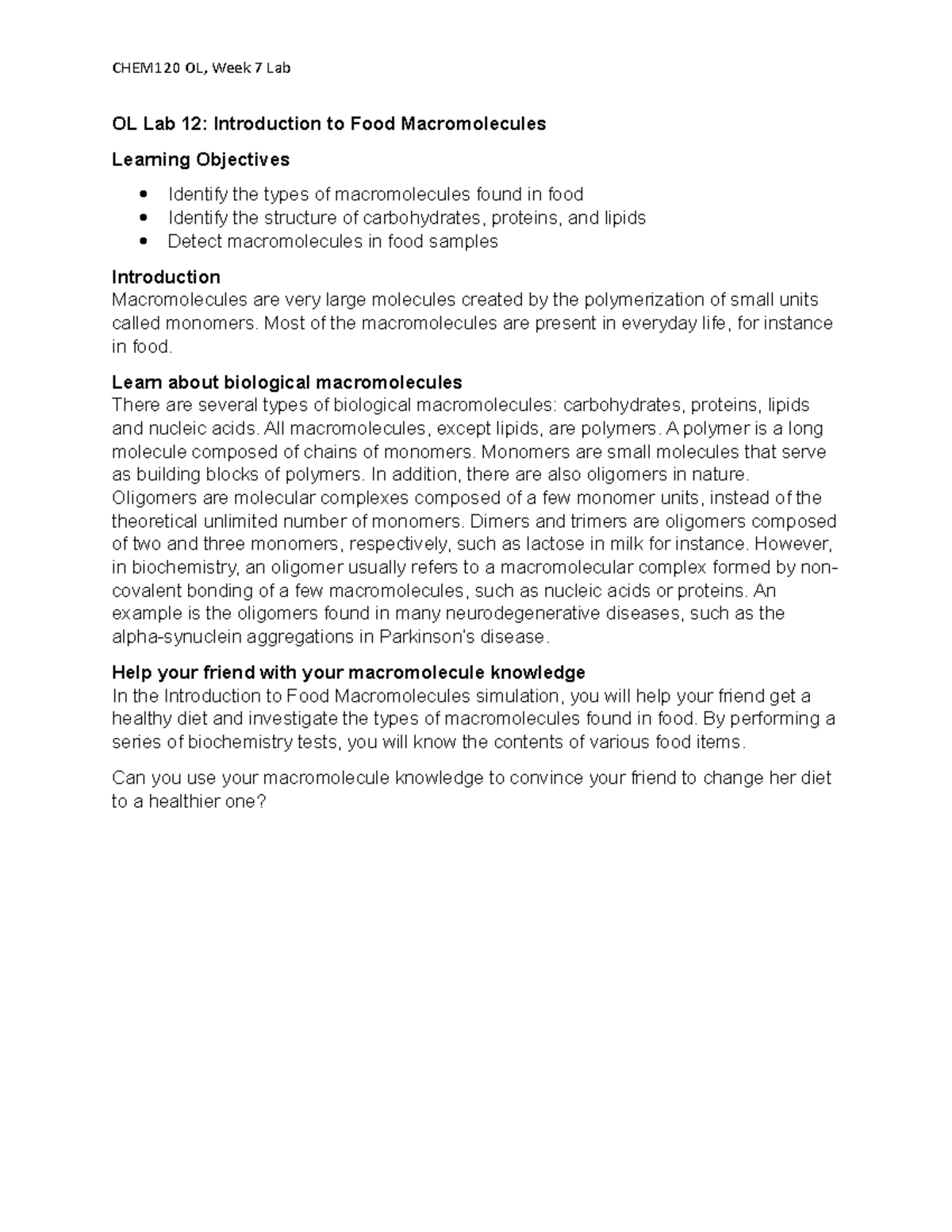 OL Lab 12-Introduction to Food Macromolecules - OL Lab 12: Introduction ...