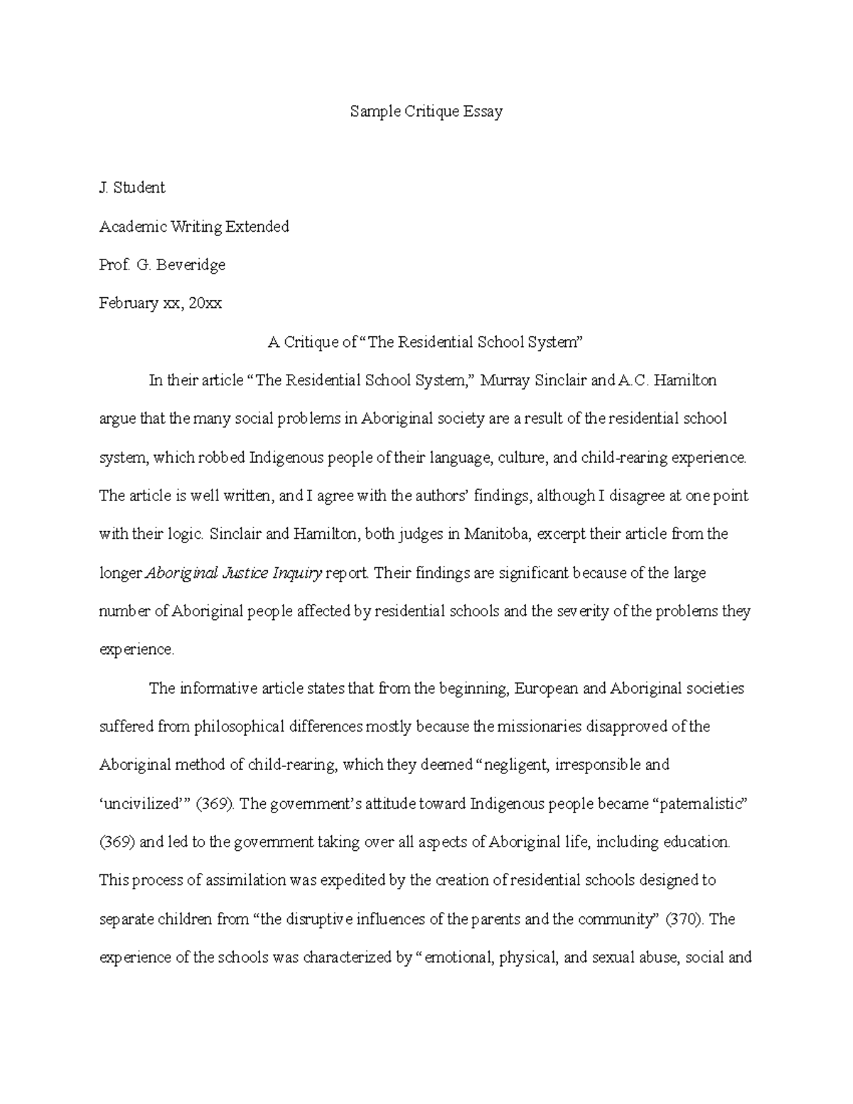 Sample Critique Essay 2 - Student Academic Writing Extended Prof. G ...