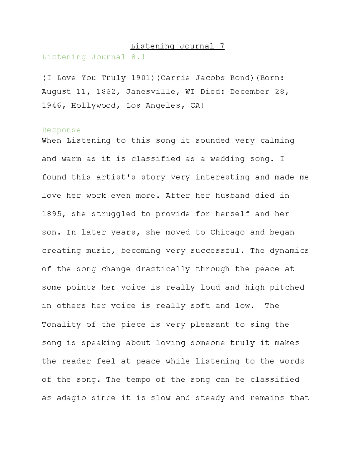 Listening Journal 7 - Women, Music, Culture - Listening Journal 7 ...