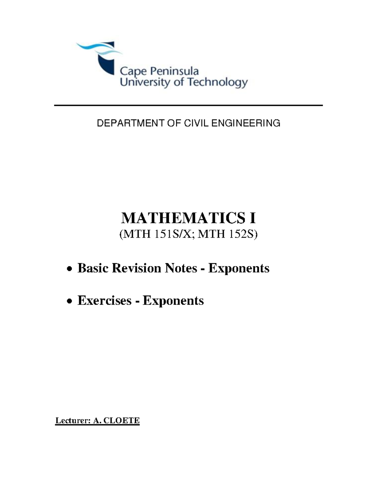 Revised Revision Notes and Exercises on Exponents - DEPARTMENT OF CIVIL ...