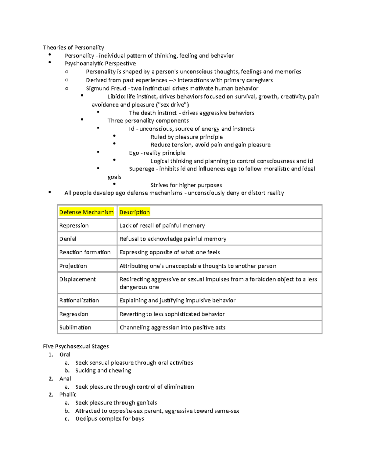 Chapter 4 notes - Theories of Personality Personality - individual ...