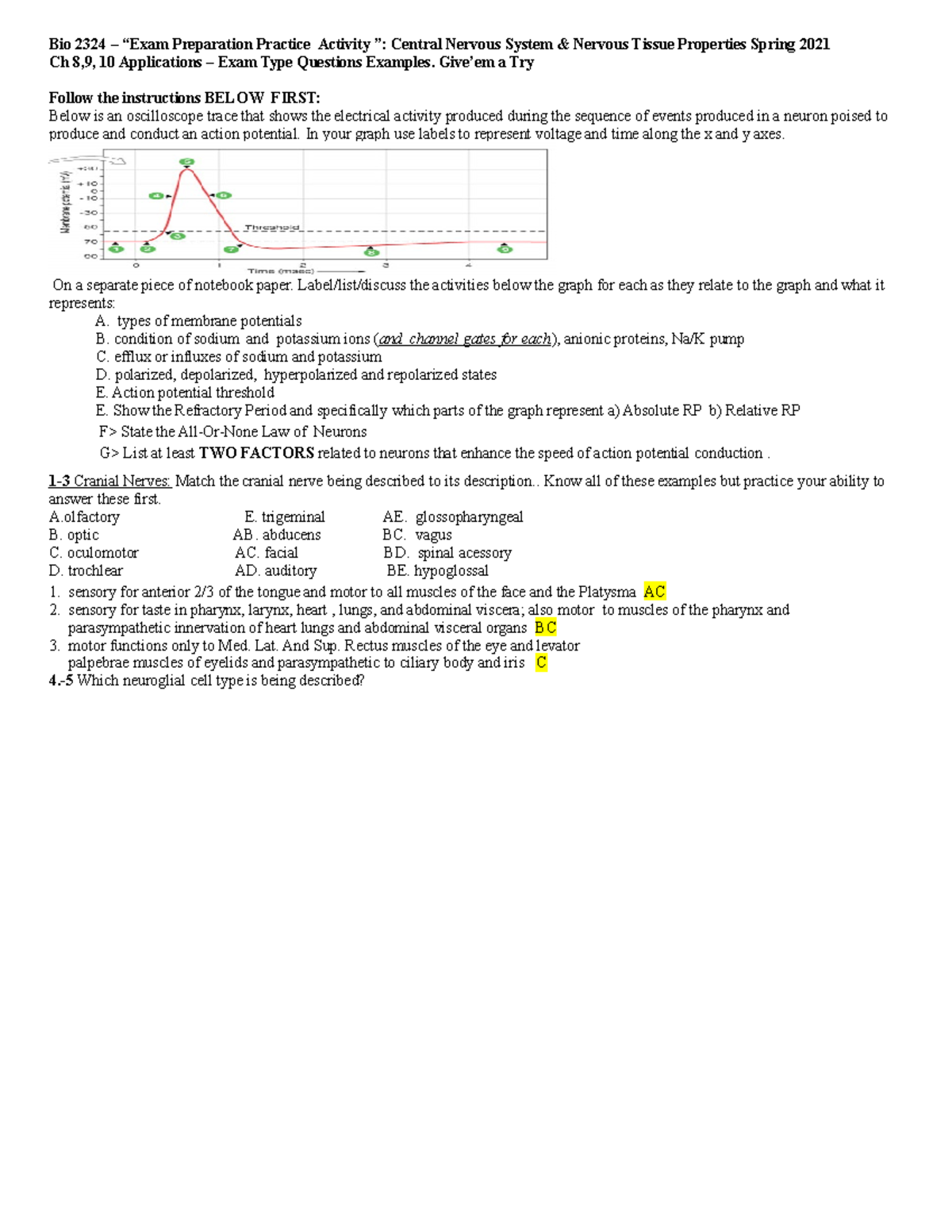 Bio 2424 F19 Neurophys ICA Quiz Actual NO ans Sp 21 - Bio 2324 – “Exam ...