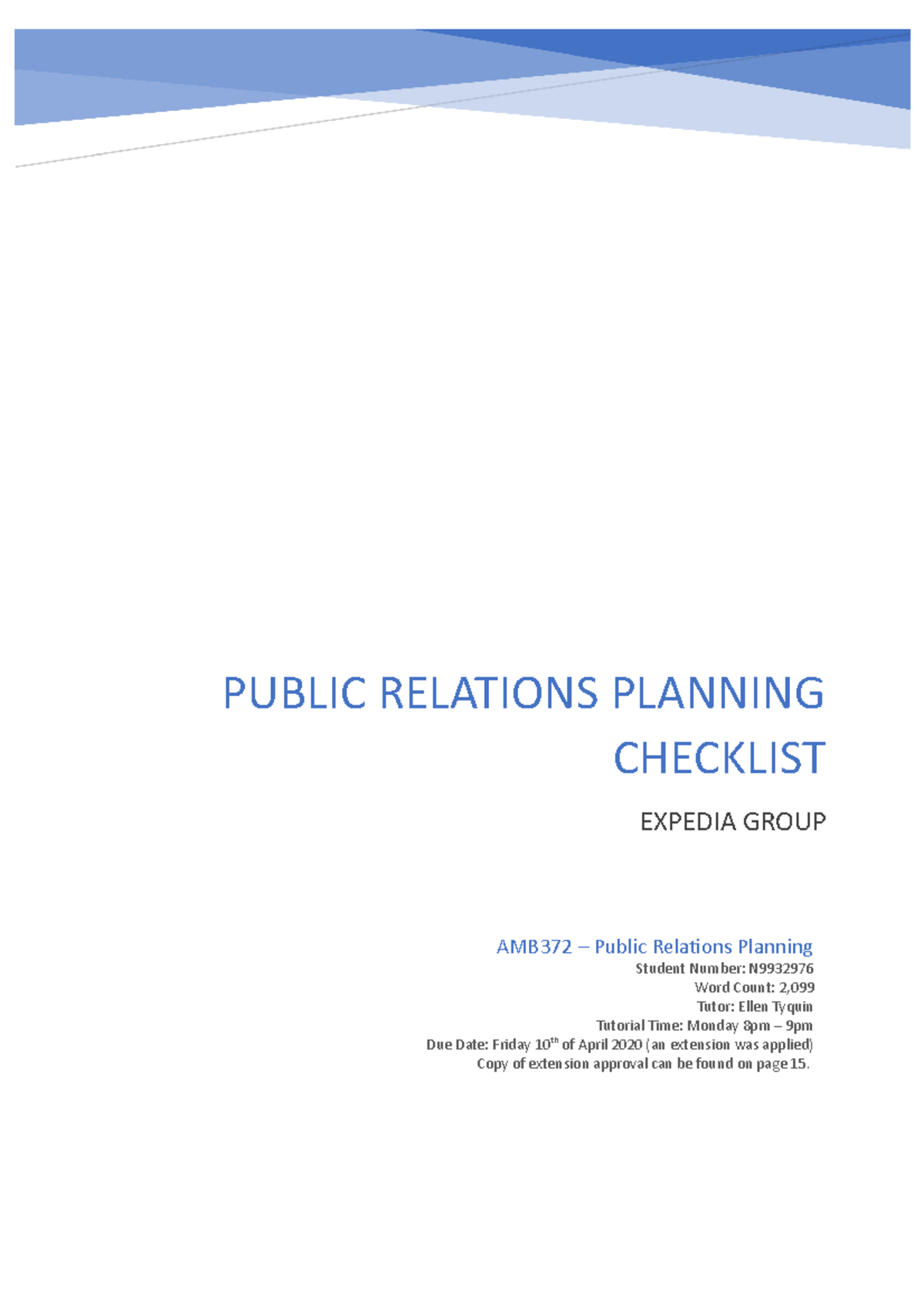 AMB372 Planning Checklist - AMB372 – Public Relations Planning Student ...