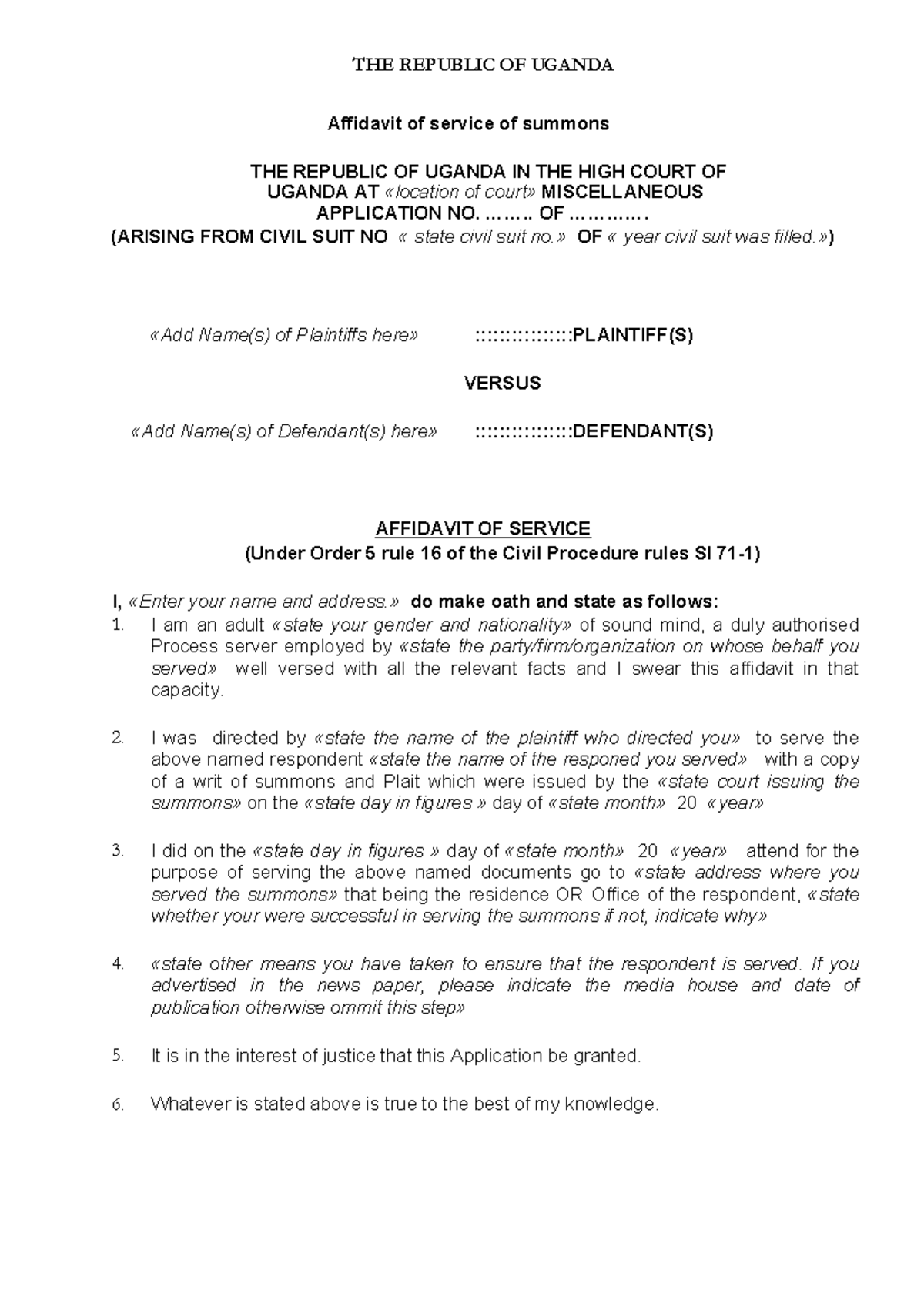 Affidavit of service sample - THE REPUBLIC OF UGANDA Affidavit of ...