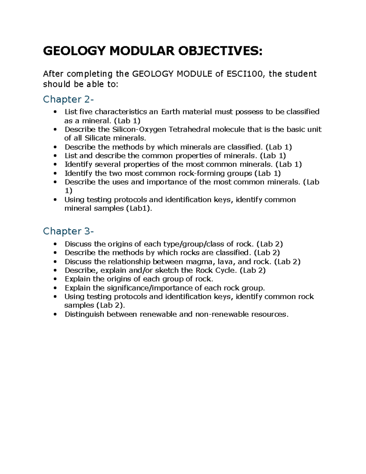 Geology Modular Objectives FALL 2024 - GEOLOGY MODULAR OBJECTIVES ...