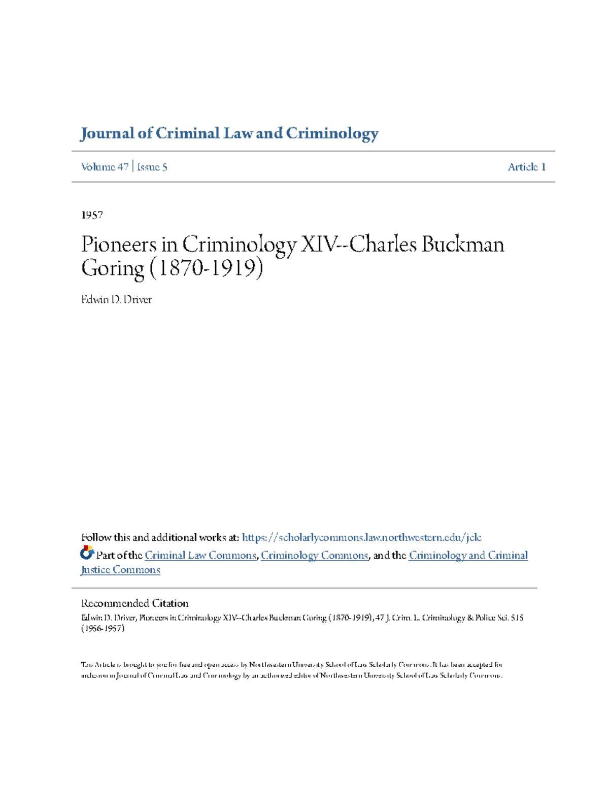 Pioneers in Criminology XIV-Charles Buckman Goring (1870-1919 ...