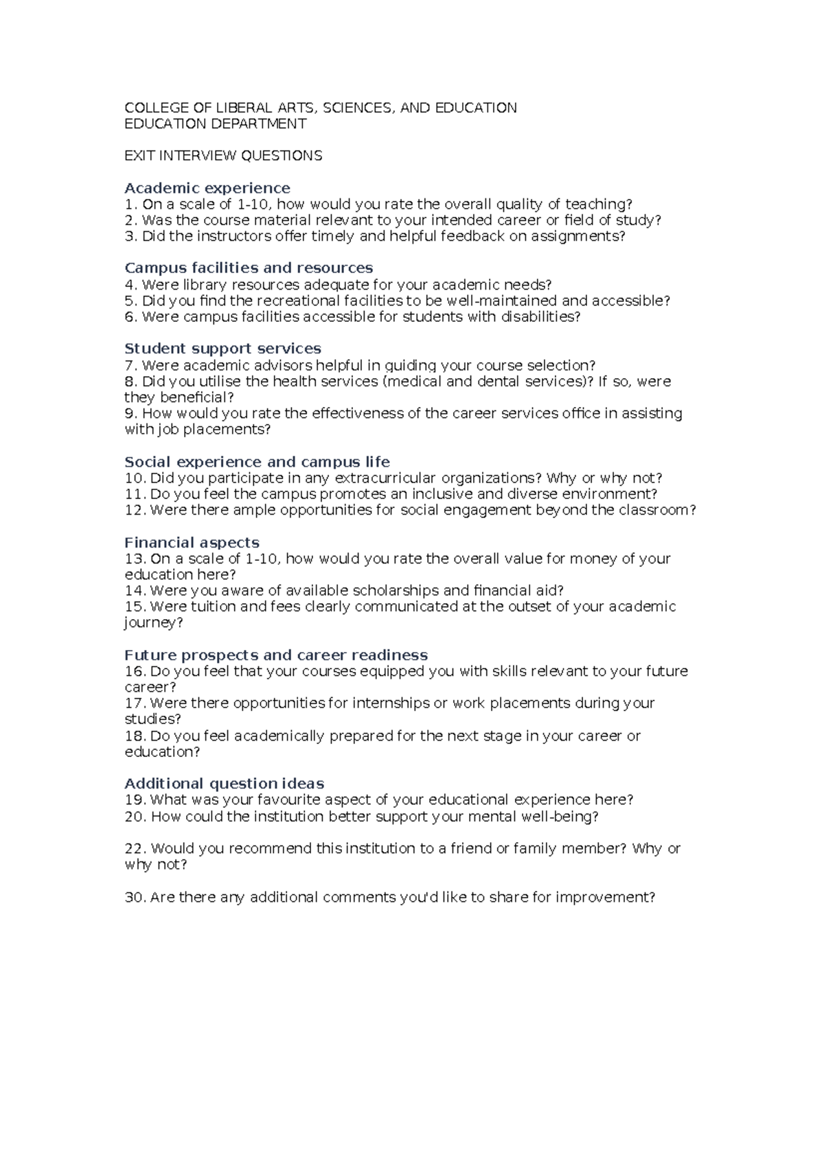 EXIT-interview-questions - COLLEGE OF LIBERAL ARTS, SCIENCES, AND ...
