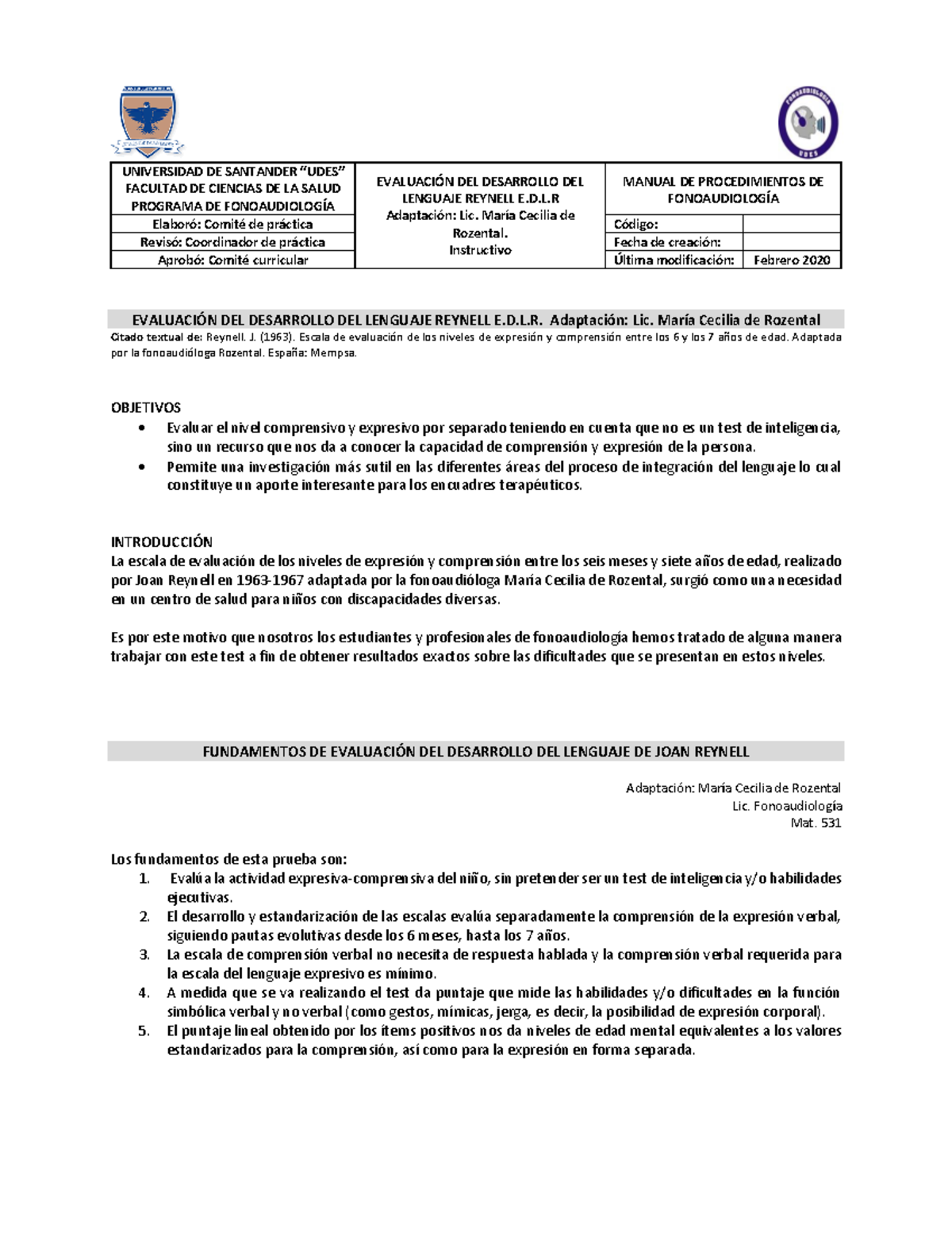 TEST DE Reynell Instructivo - UNIVERSIDAD DE SANTANDER “UDES” FACULTAD ...