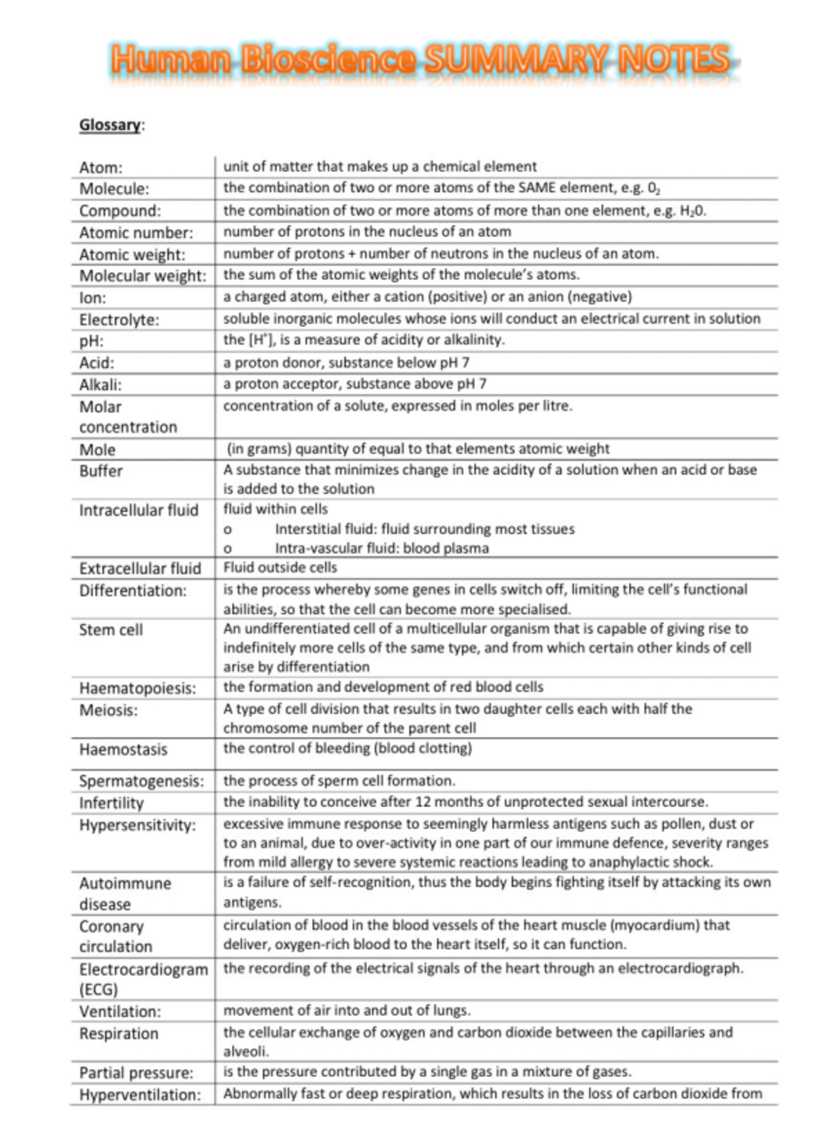 Glossary - Summary Human Biology - BIOL1210 - Studocu