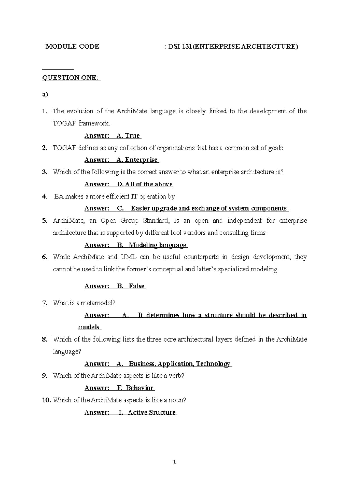 EA Assignment - MODULE CODE : DSI 131(ENTERPRISE ARCHTECTURE) QUESTION ...