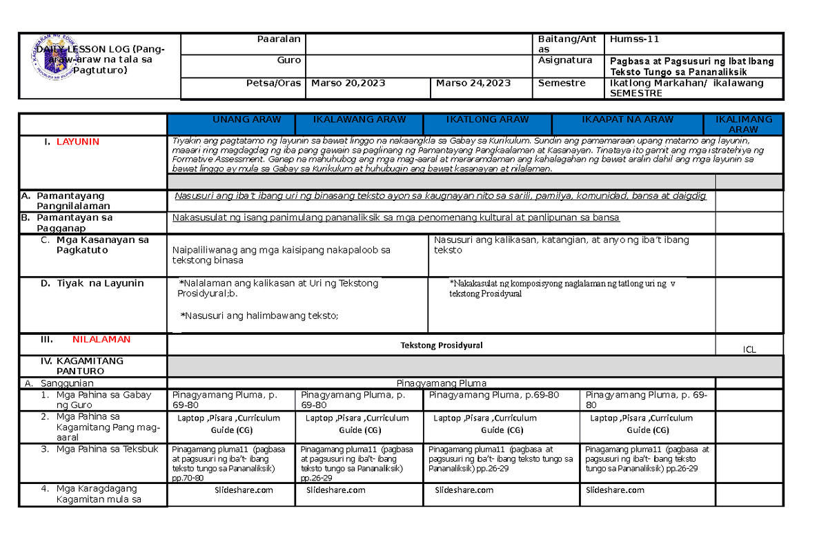 DLL-Pagbasa at pagsusuri W4 - DAILY LESSON LOG (Pang- araw-araw na tala ...