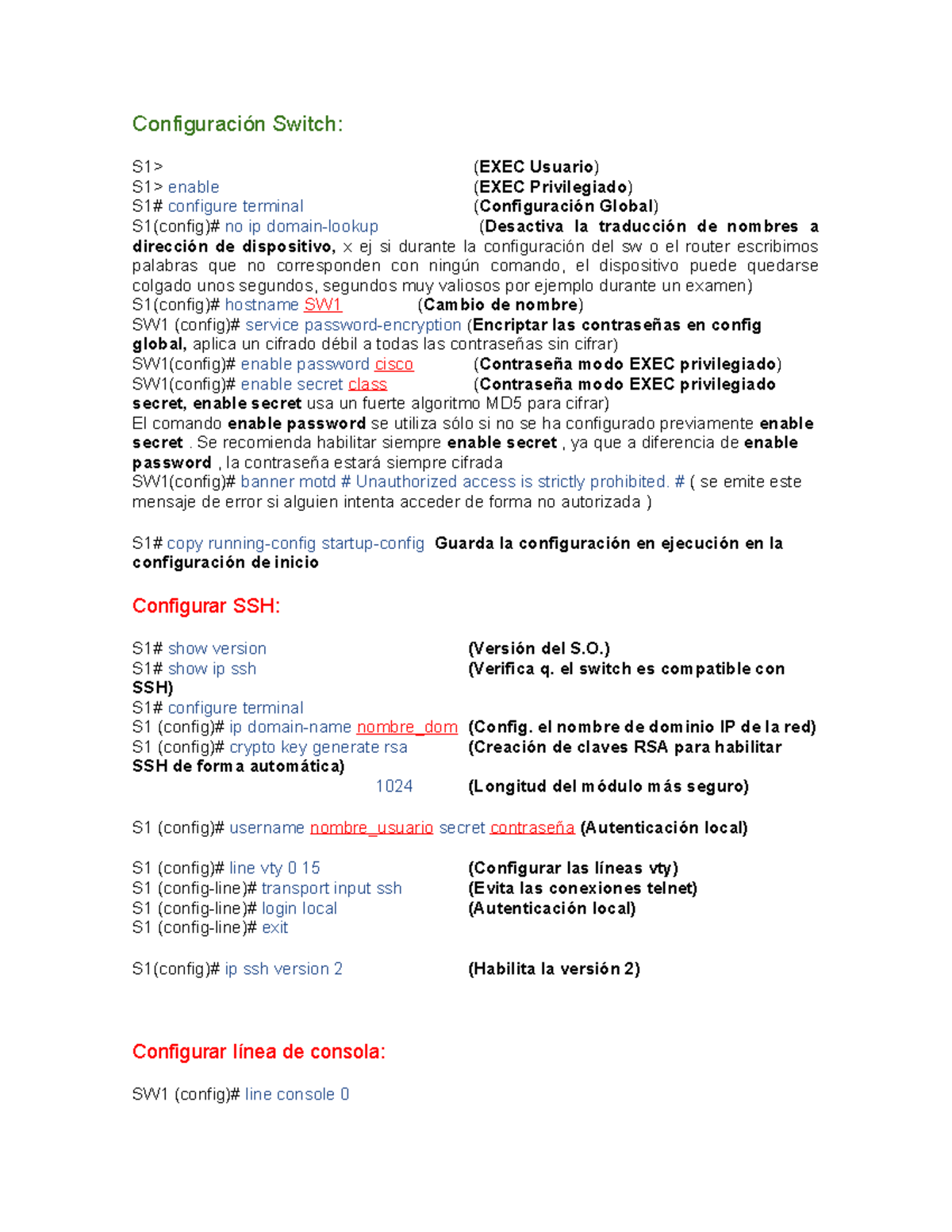 Comandos Configuración Switch - Configuración Switch: S1> ( EXEC ...