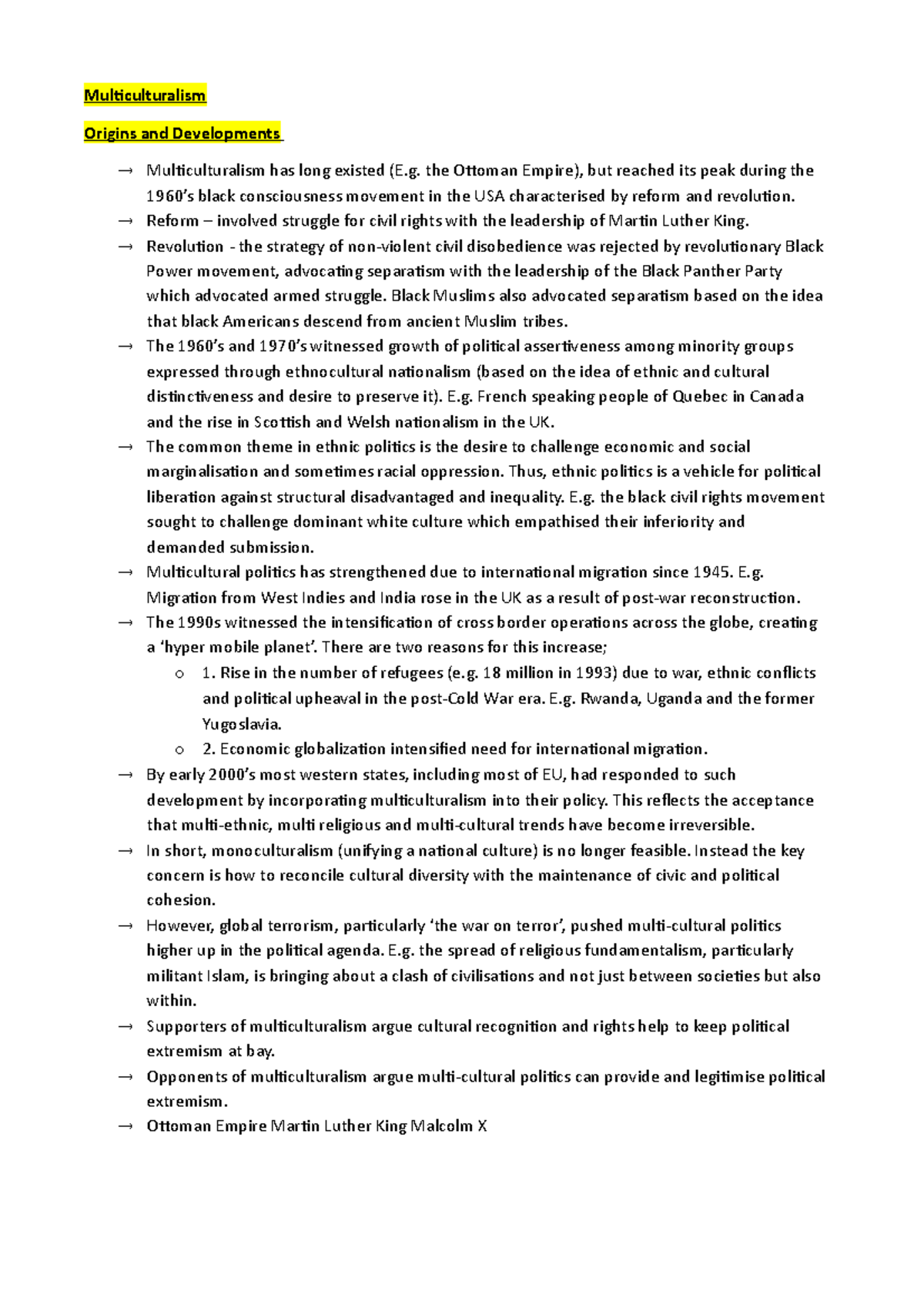 Multiculturalism final notes - Muliculturalism Origins and Developments ...