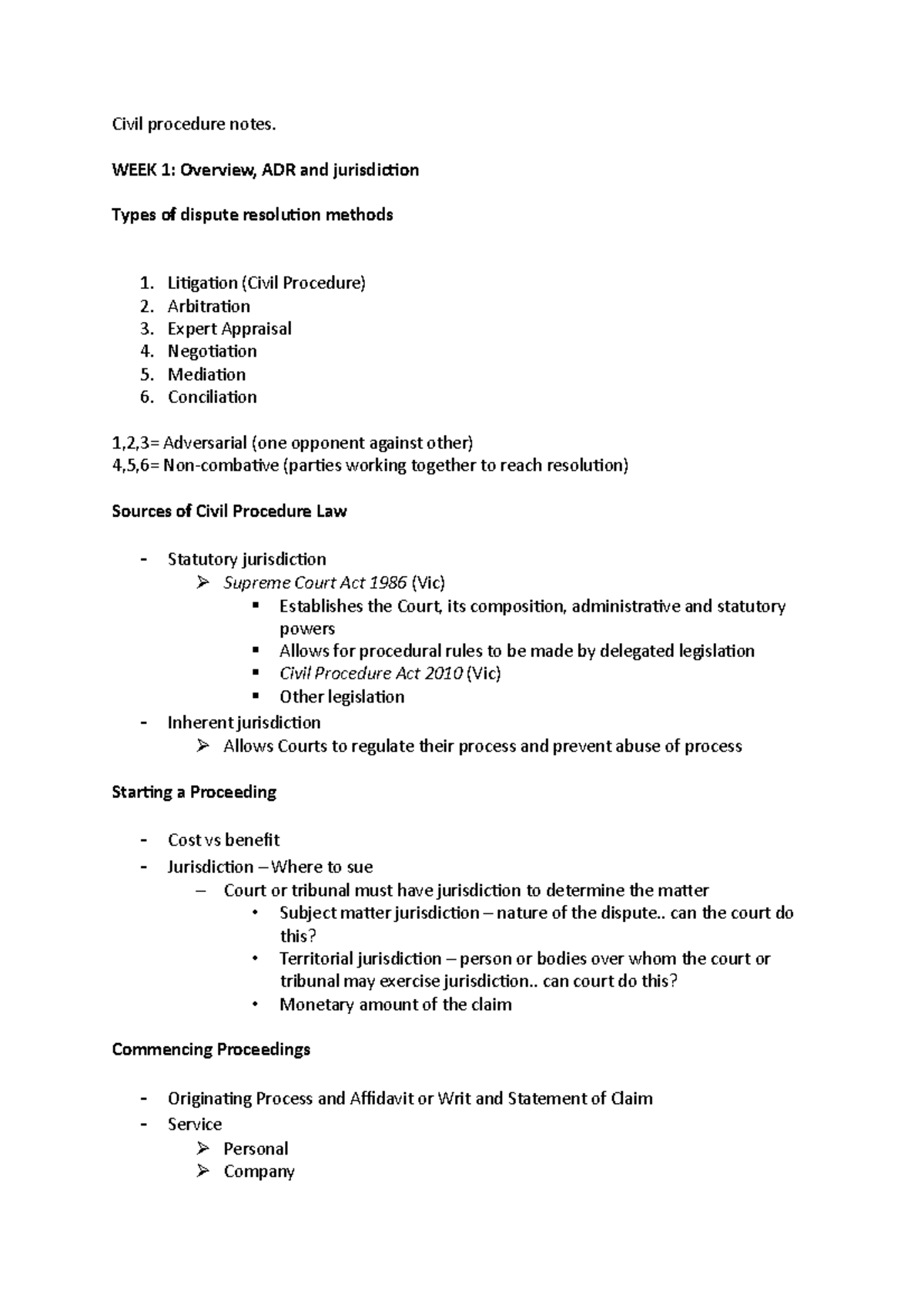 Civil procedure notes - WEEK 1: Overview, ADR and jurisdiction Types of ...