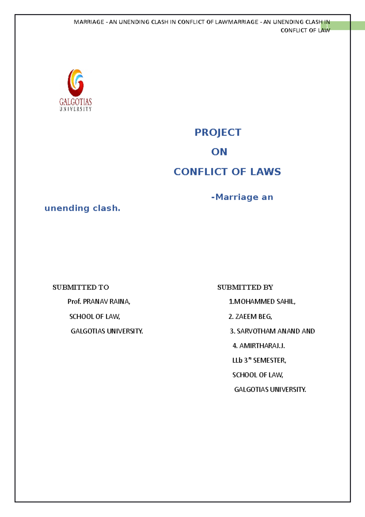 Conflict OF LAWS Marriage an unending cl - PROJECT ON CONFLICT OF LAWS ...