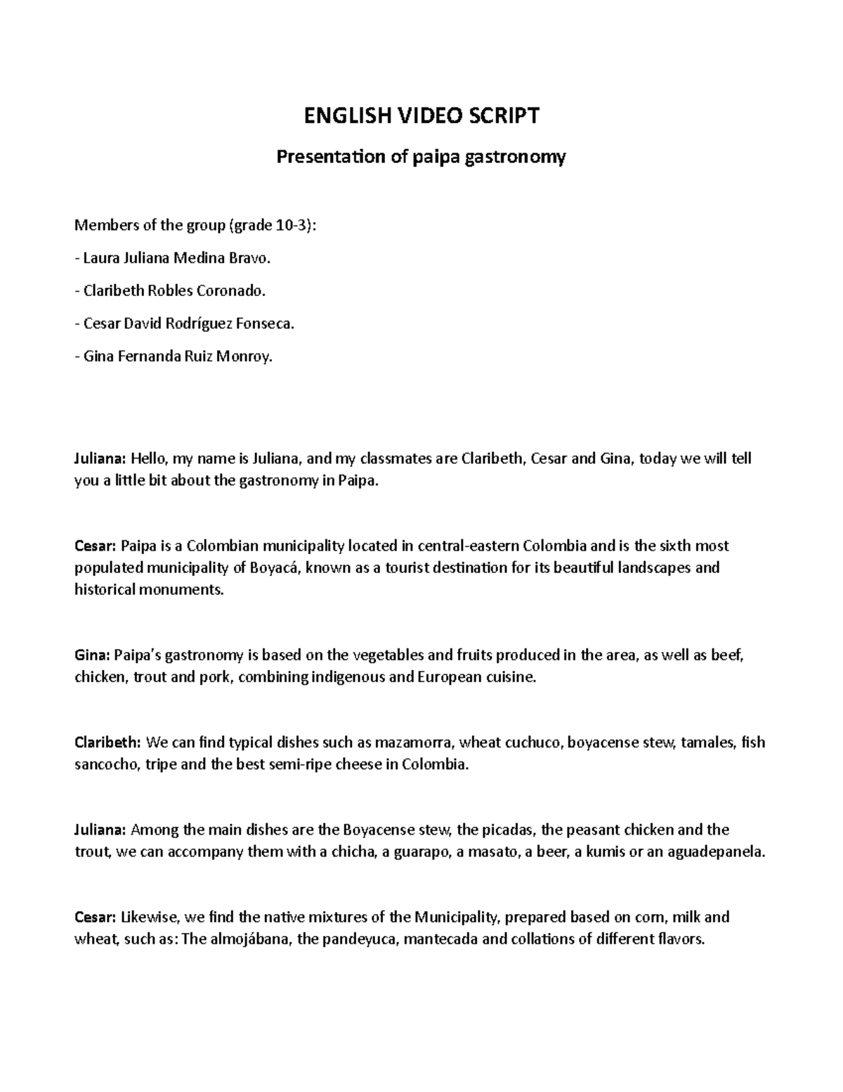 Guion video en ingles - Ensayo preparación - ENGLISH VIDEO SCRIPT Presentation of paipa ...