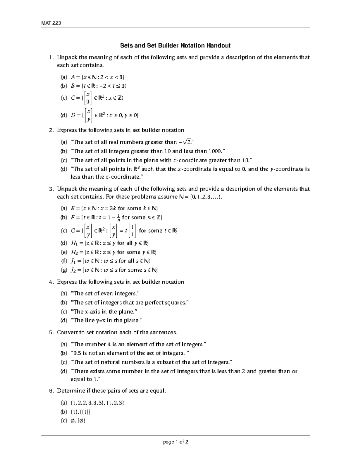 1 mat223 sets set builder notation handout - MAT 223 Sets and Set Builder Notation Handout ...