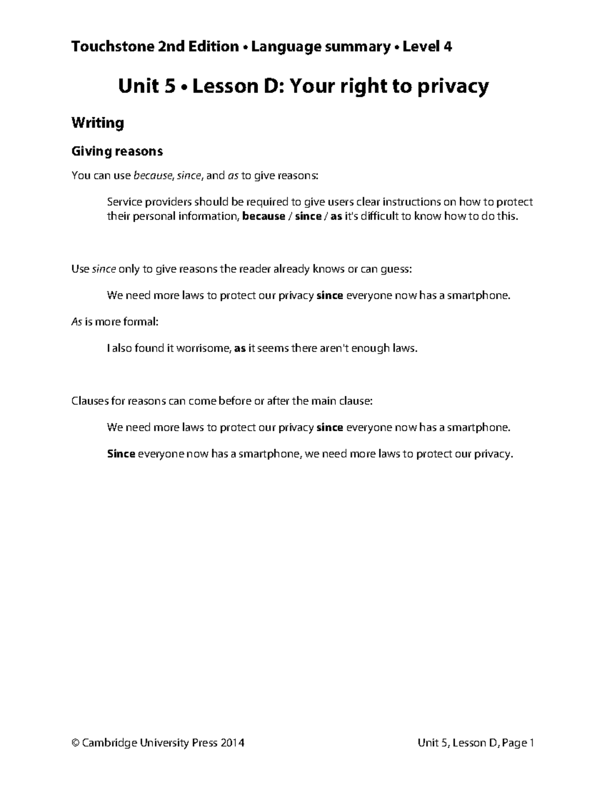 Lesson B - INGLES - Touchstone 2nd Edition • Language summary • Level 4 Unit 5 • Lesson D: Your ...