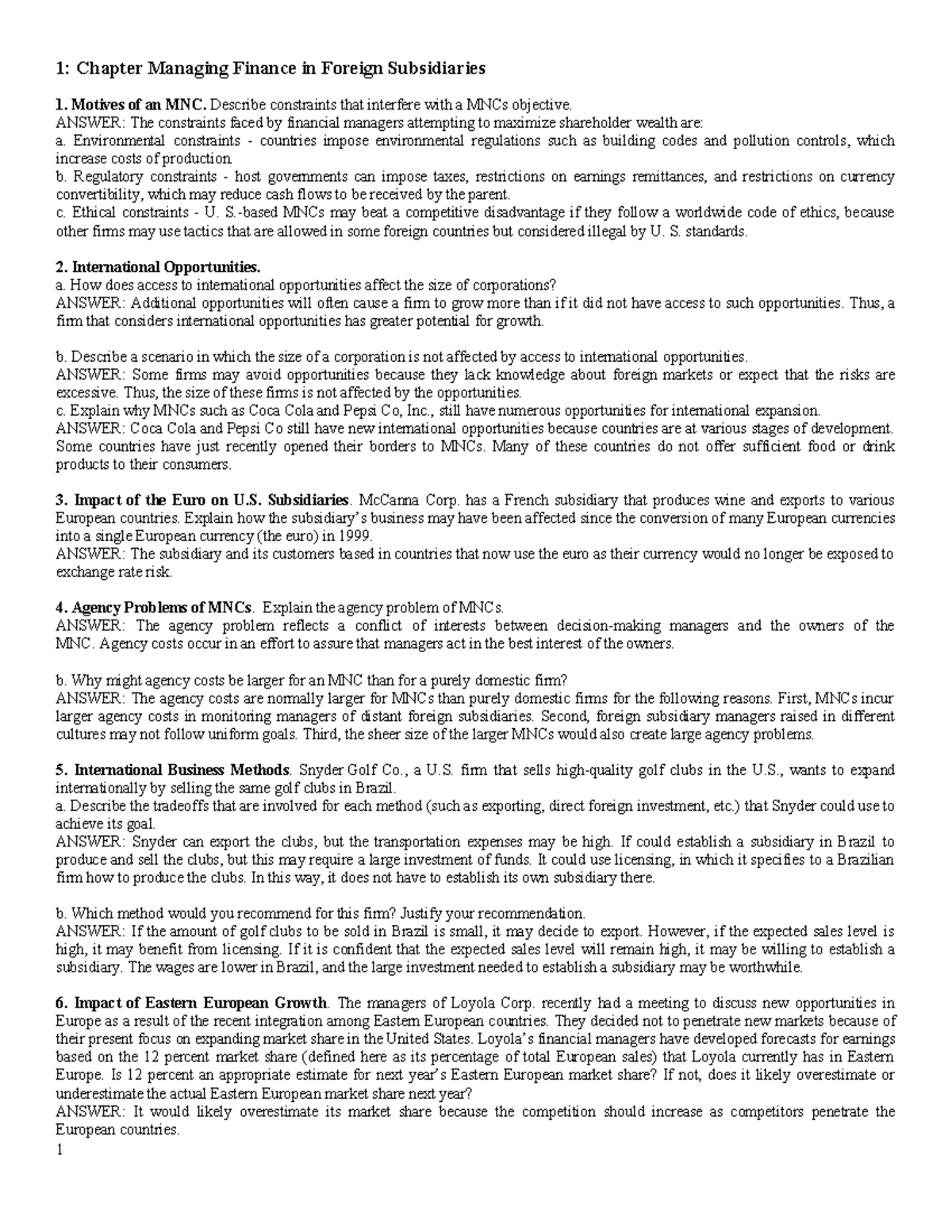 IFM Solution Manual - 1: Chapter Managing Finance in Foreign Subsidiaries 1. Motives of an MNC ...