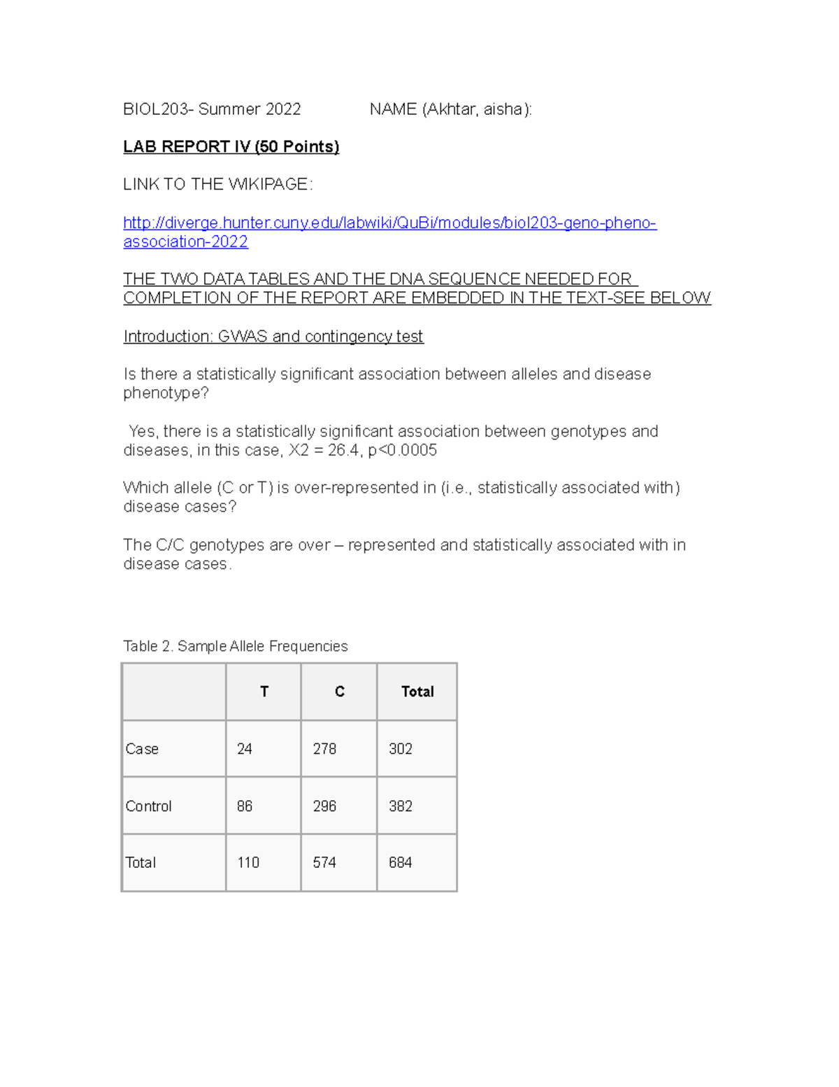 Lab report 4 genetics - BIOL203- Summer 2022 NAME (Akhtar, aisha): LAB ...