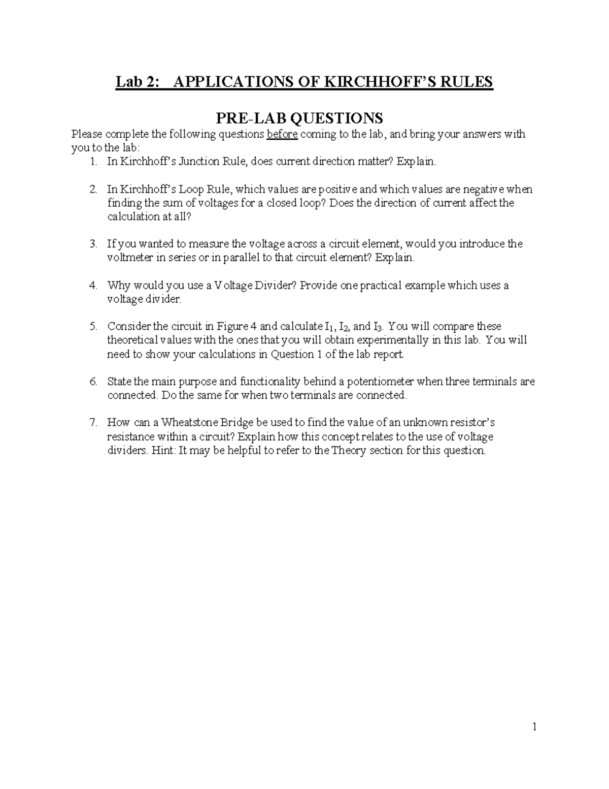 Lab2 manual W23 - Lab 2: APPLICATIONS OF KIRCHHOFF’S RULES PRE-LAB QUESTIONS Please complete the ...