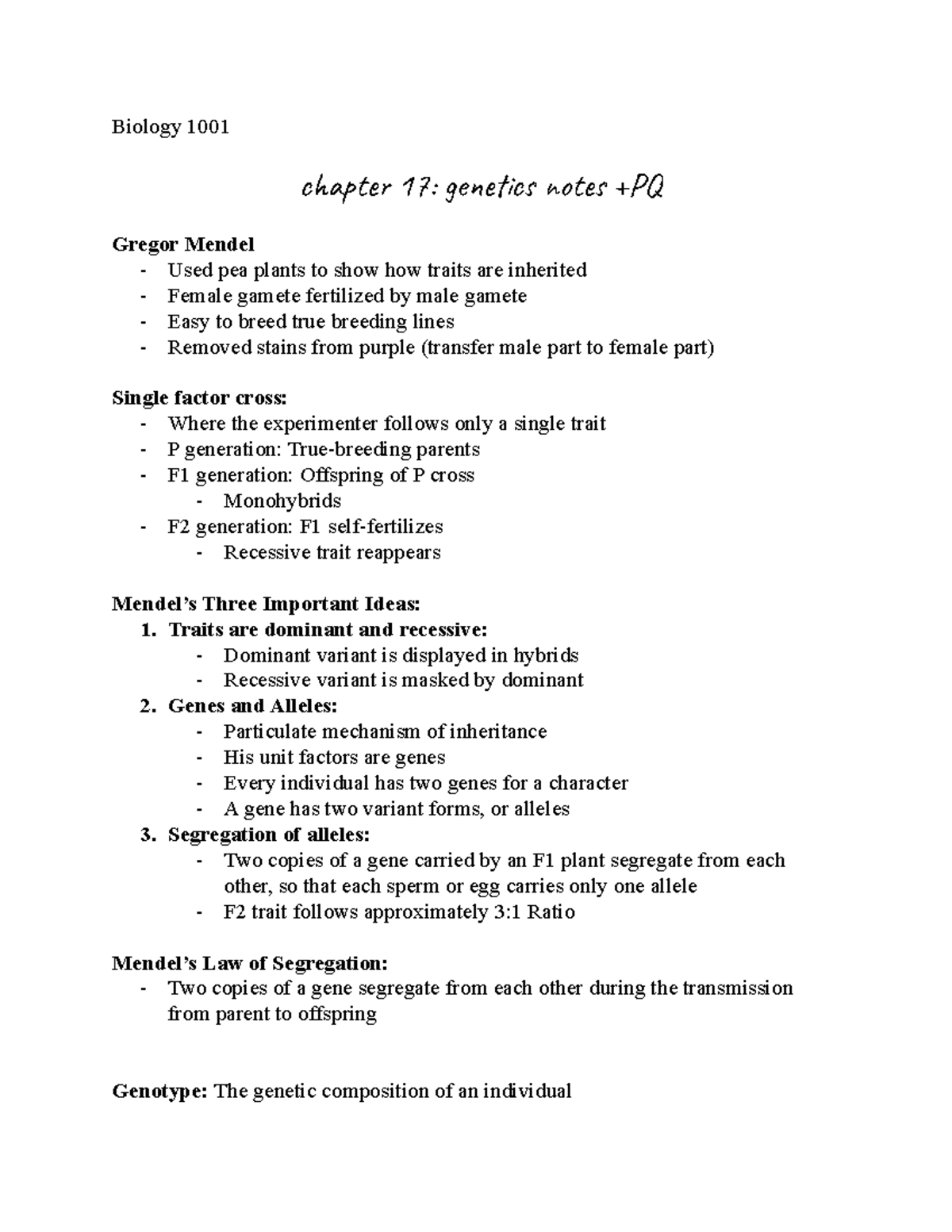 BIO 1001 Genetics Notes +PQ - Biology 1001 cat 17: gec ot +P Gregor ...