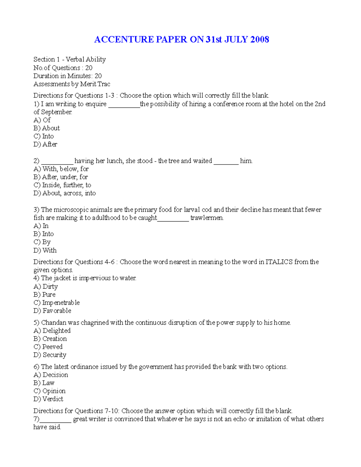 Accenture Placement Sample Paper 1 - ACCENTURE PAPER ON 31st JULY 2008 ...