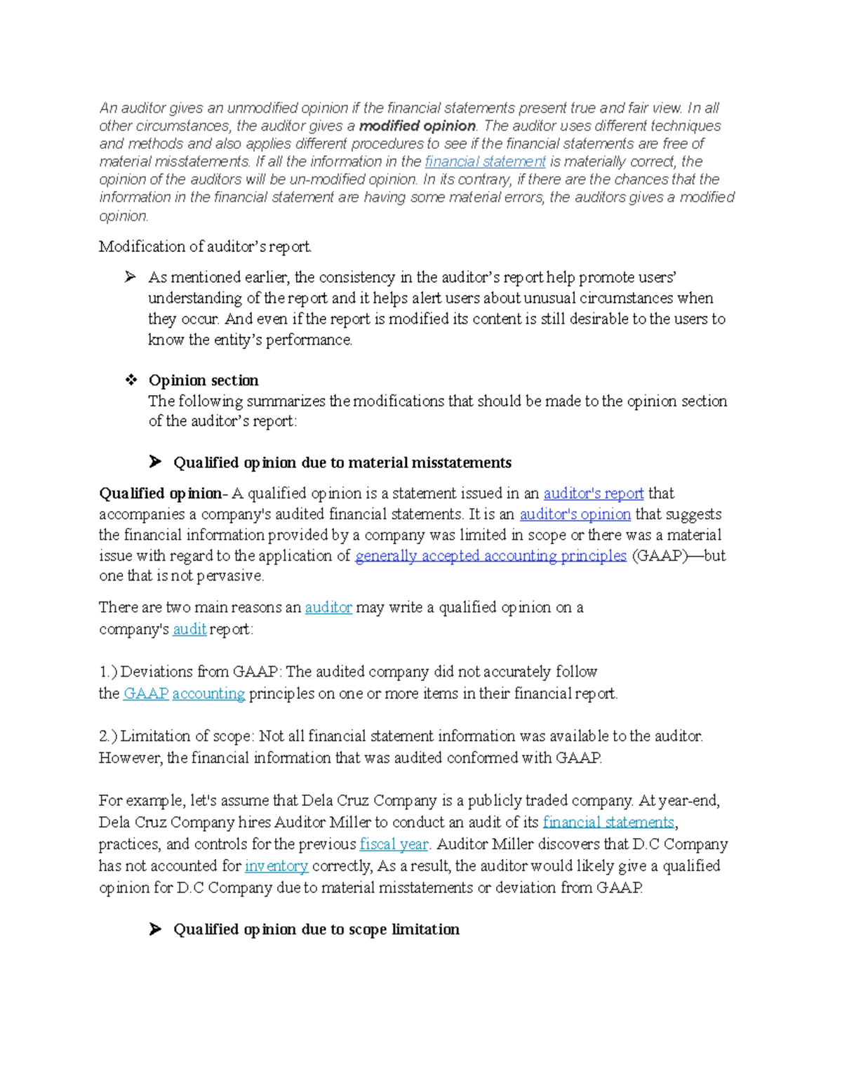 Auditing Lecture Notes An Auditor Gives An Unmodified Opinion If The Financial Statements 